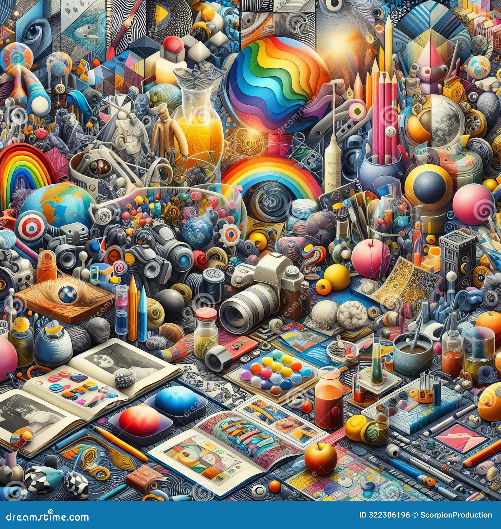 Vibrant Array of Creative Objects and Tools in Detailed Composition ...