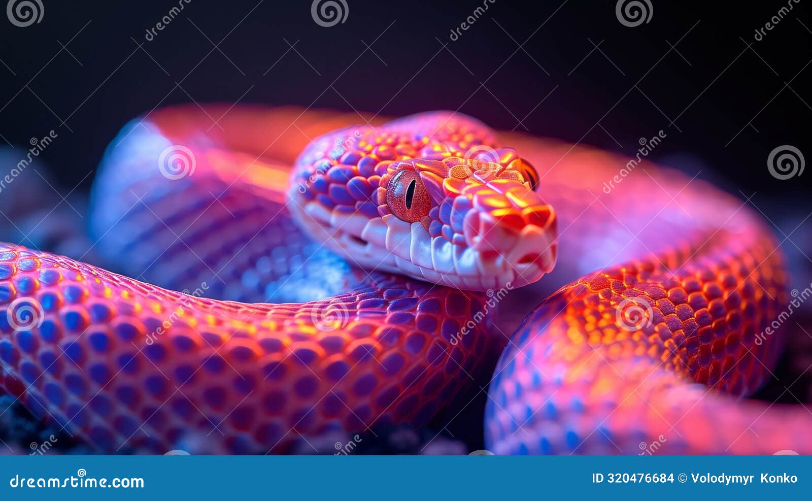Colorful, Iridescent Snake Coiled with Neon Lighting Stock Photo ...