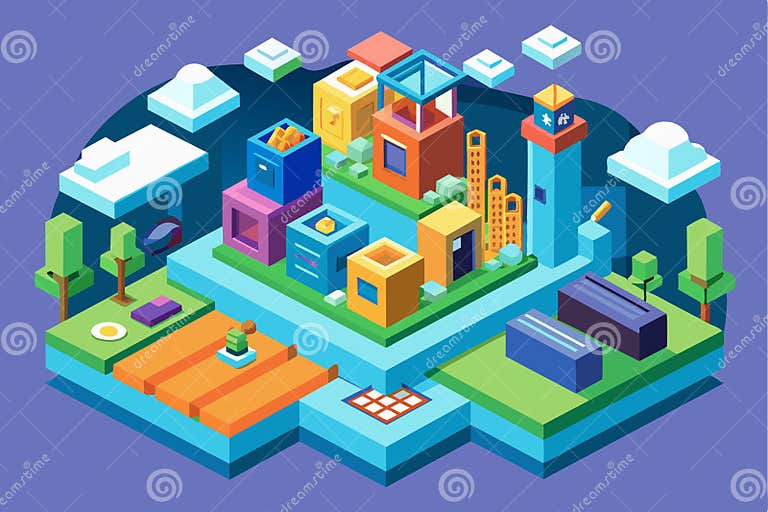 A Colorful Isometric Landscape Featuring Blocks, Greenery, and Creative ...