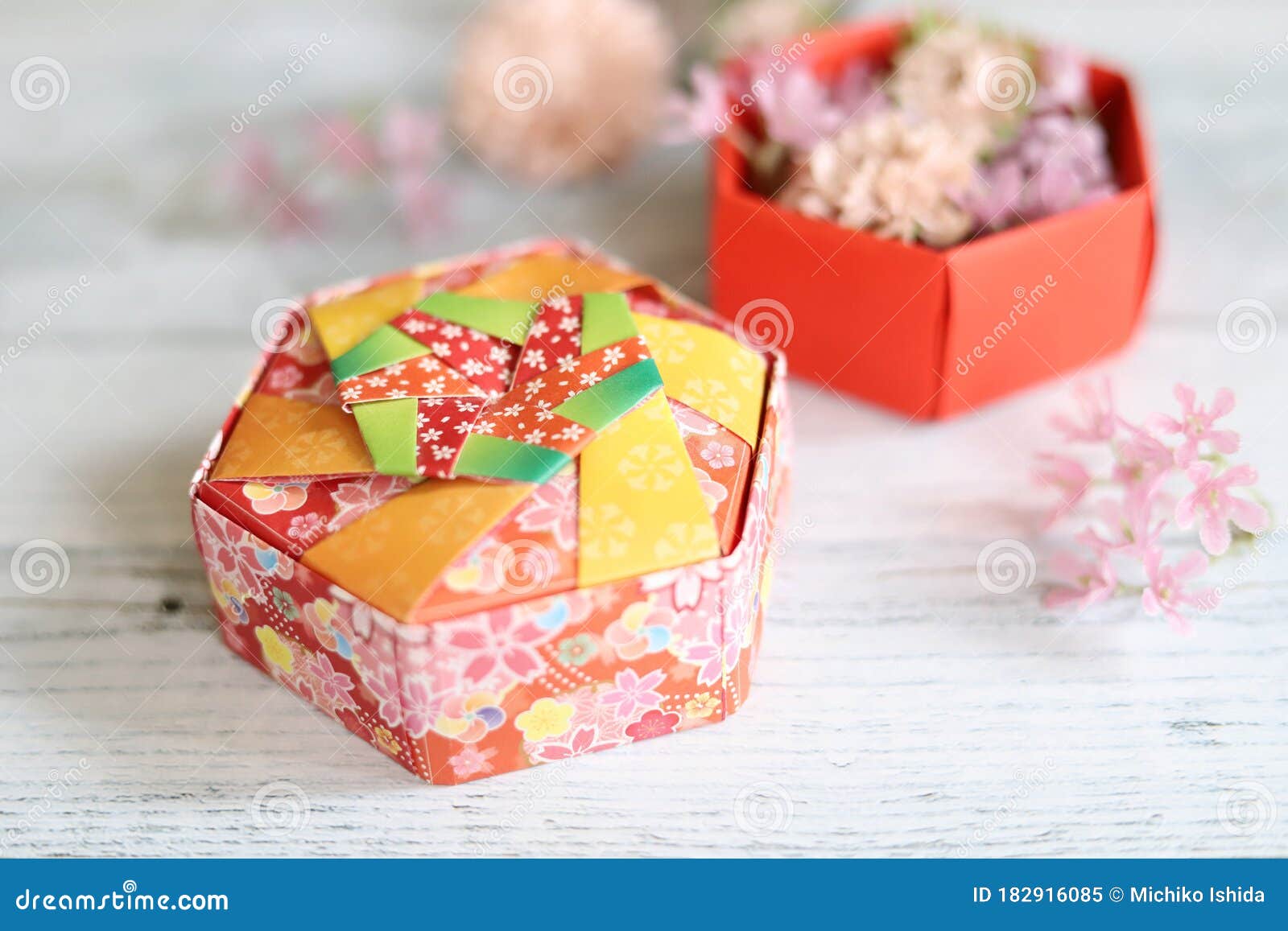 Colorful Japanese Patterned Hexagonal Origami Box with Lid Stock Image ...