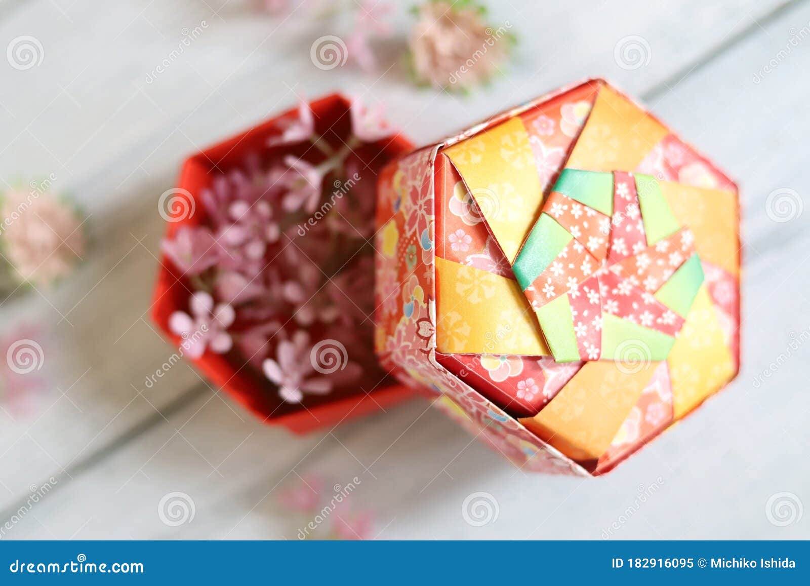 Colorful Japanese Patterned Hexagonal Origami Box with Lid Stock Image ...