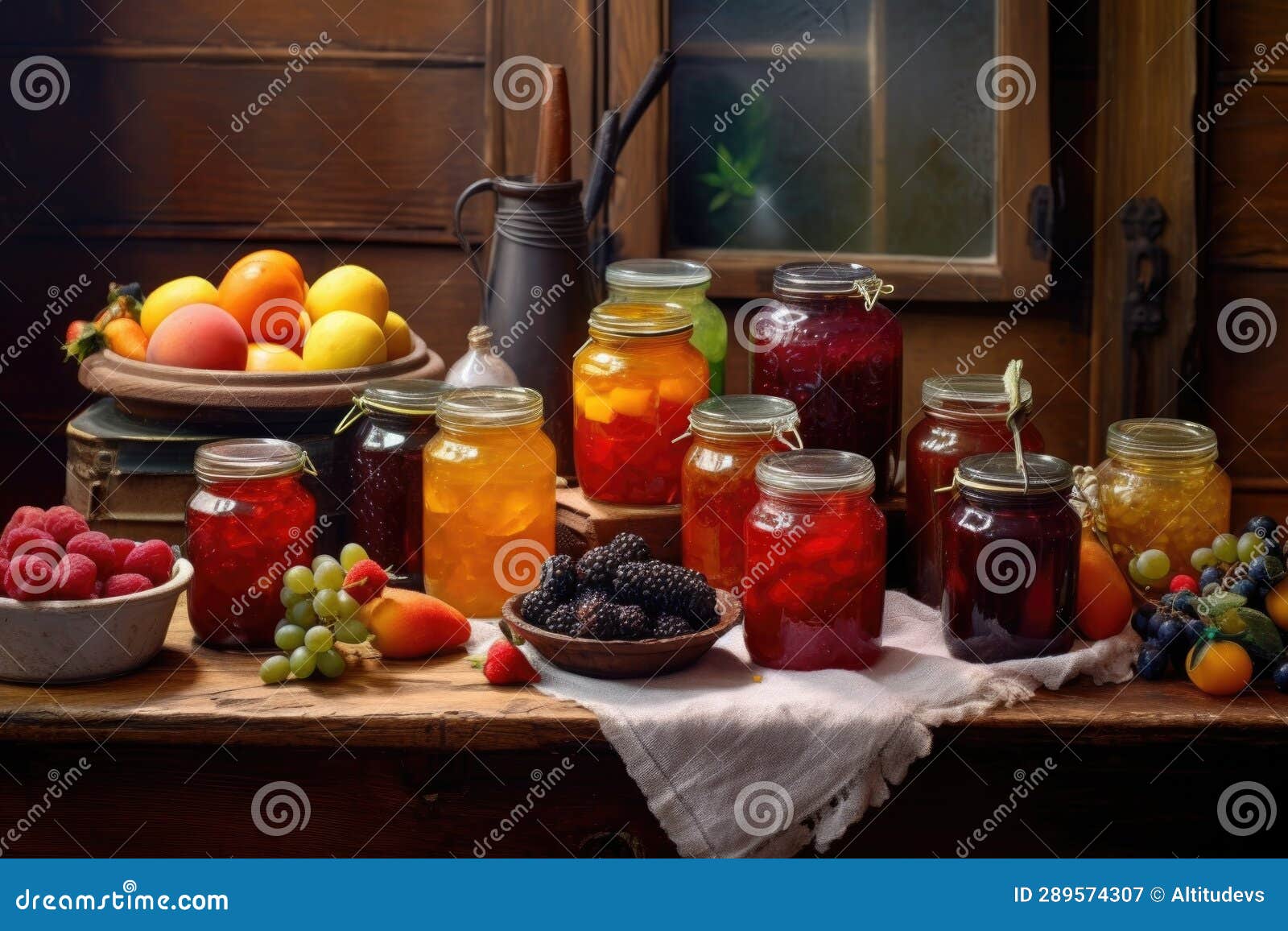 Colorful Jars of Assorted Fruit Preserves on Rustic Table Stock Image ...