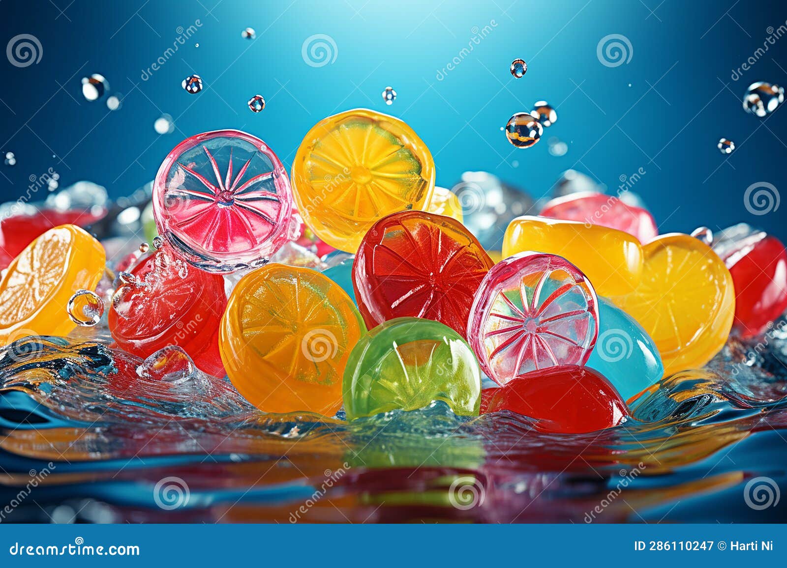 Colorful Jelly Candy Shaped Orange Fruit with Water Splash on Light ...