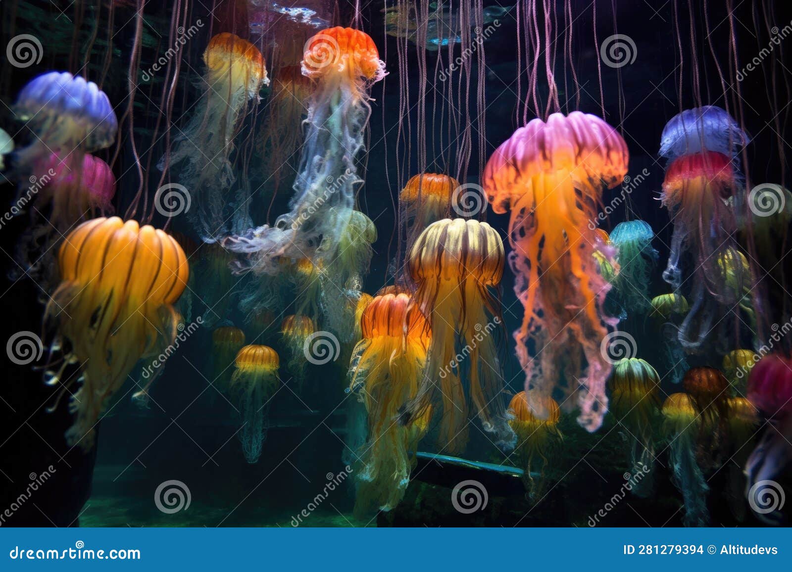 Colorful Jellyfish Group Moving in Sync Underwater Stock Illustration ...