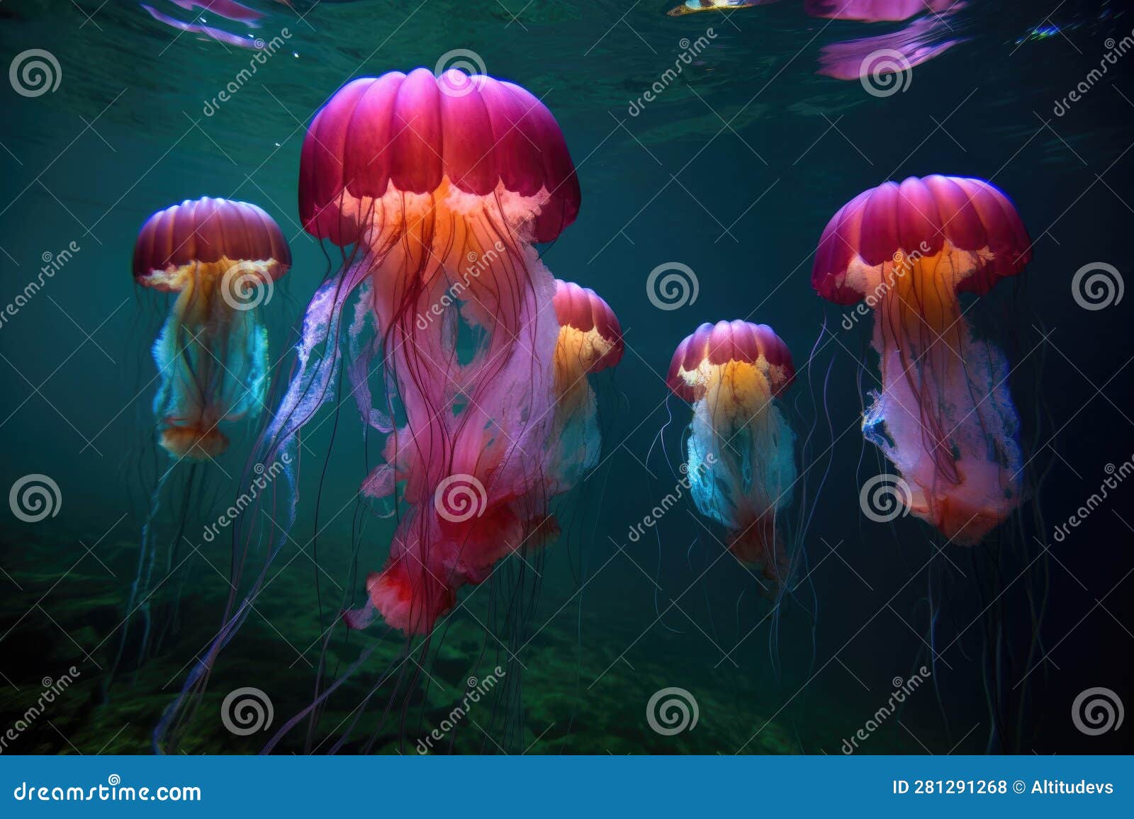 Colorful Jellyfish Group Moving in Sync Underwater Stock Illustration ...