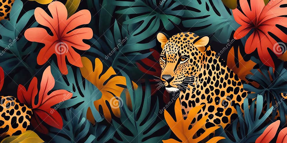 Colorful Jungle Scene with a Leopard in the Middle Stock Photo - Image ...