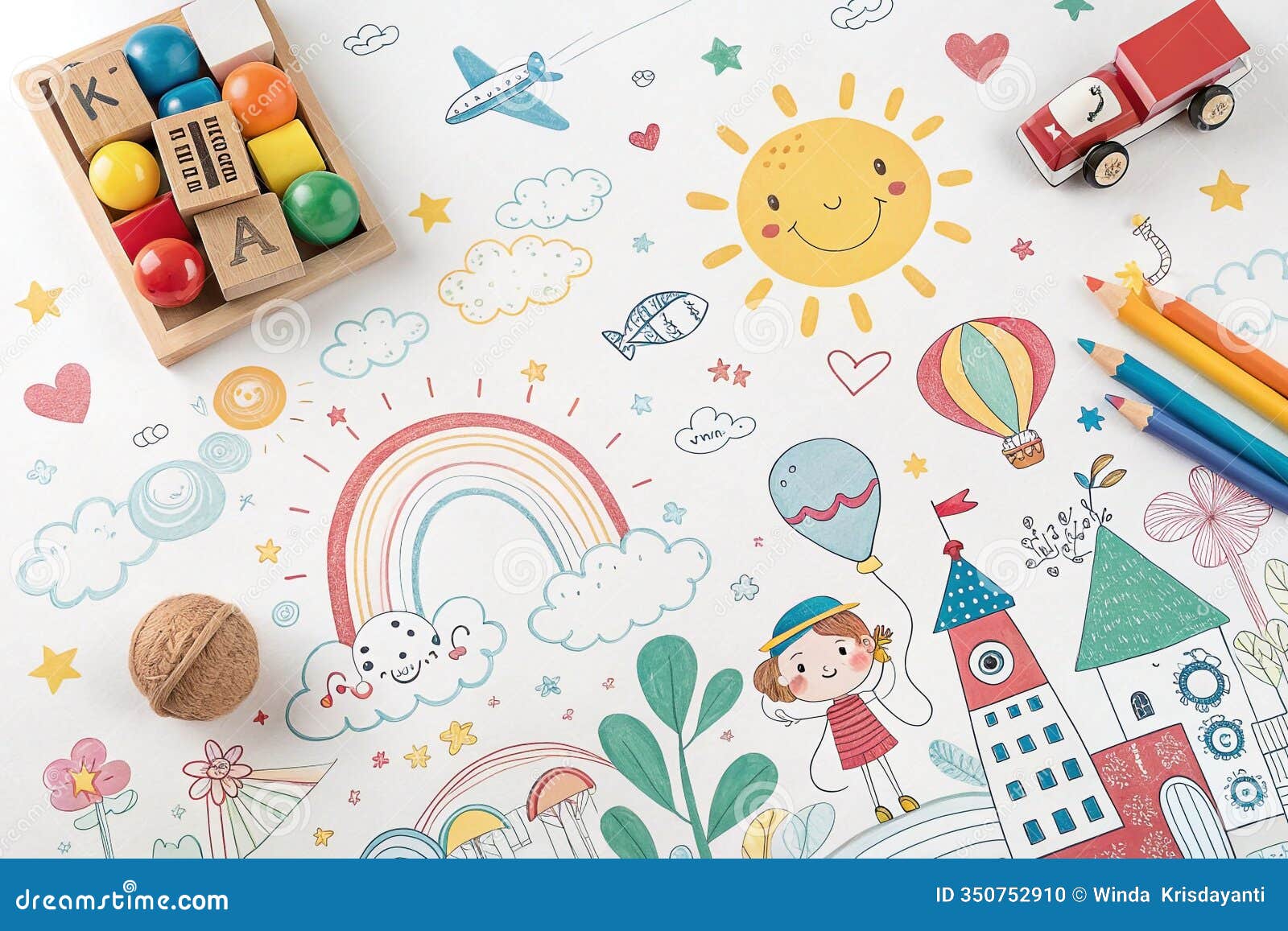 Colorful Kids Drawing with Toys Stock Illustration - Illustration of ...