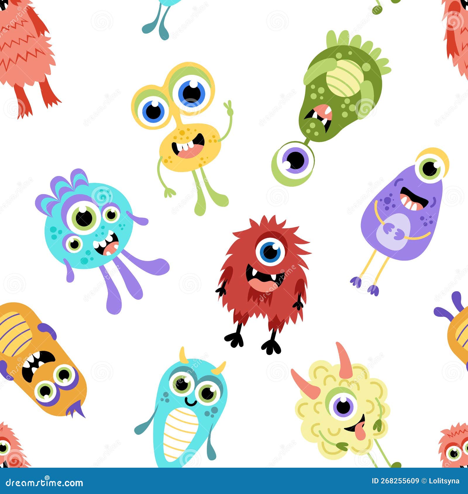 Colorful Kind Monster Seamless Pattern. Multicolored Monsters. Flat ...