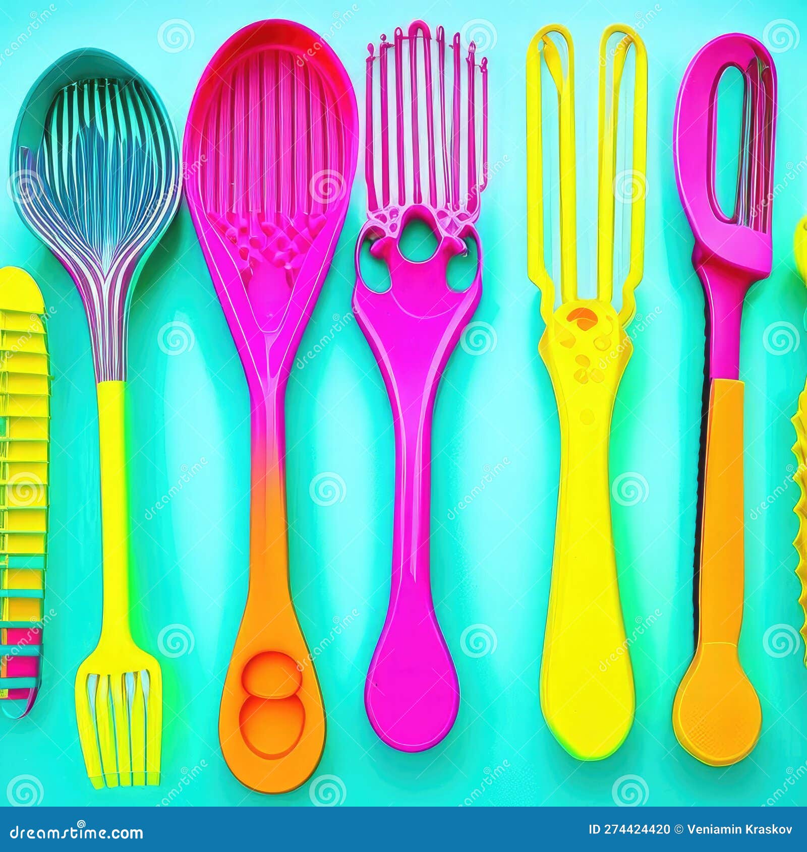 Colorful kitchen utensils stock illustration. Illustration of cutlery ...