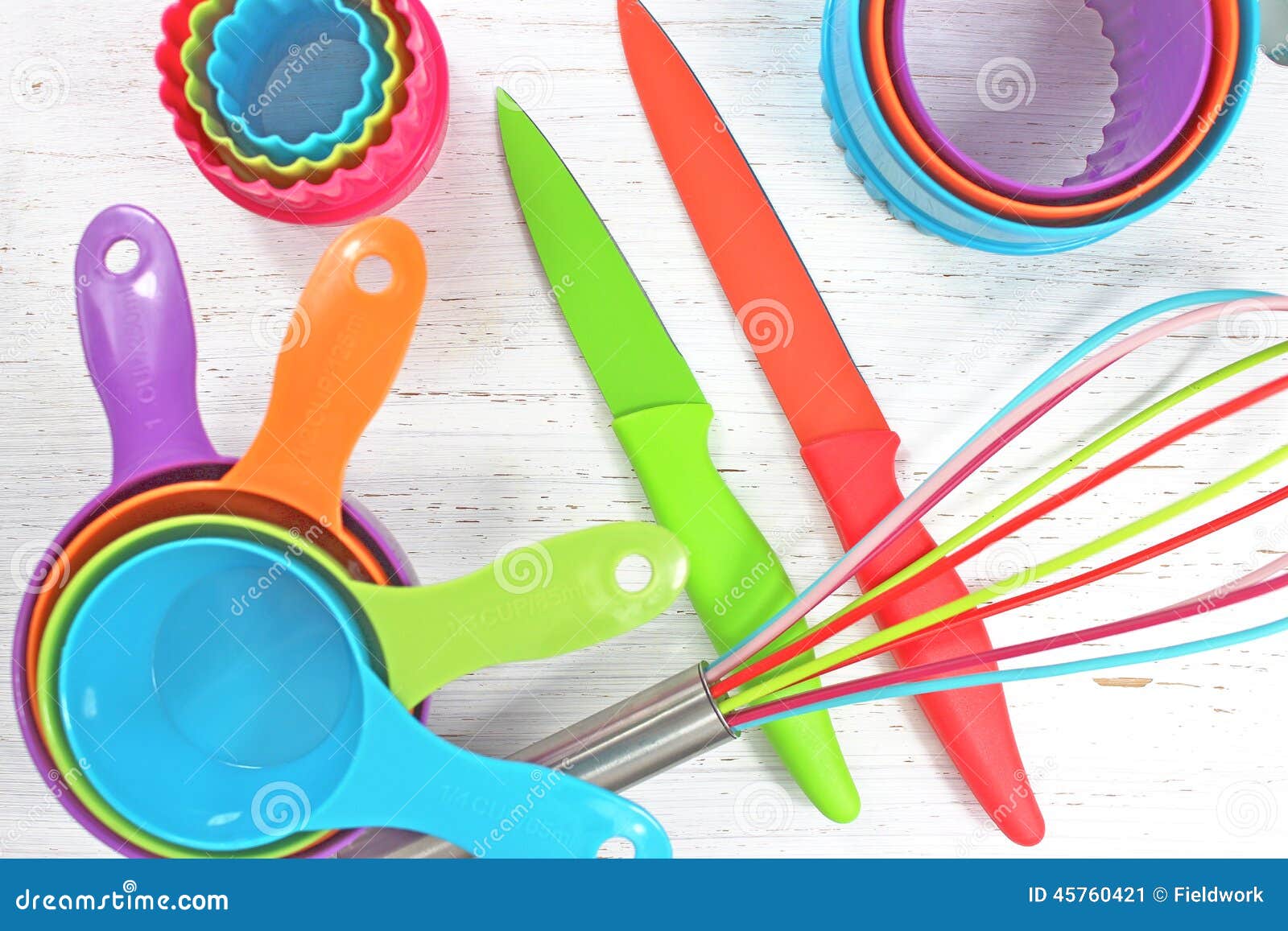 Colorful Kitchen Utensils on White Rustic Background Stock Image ...