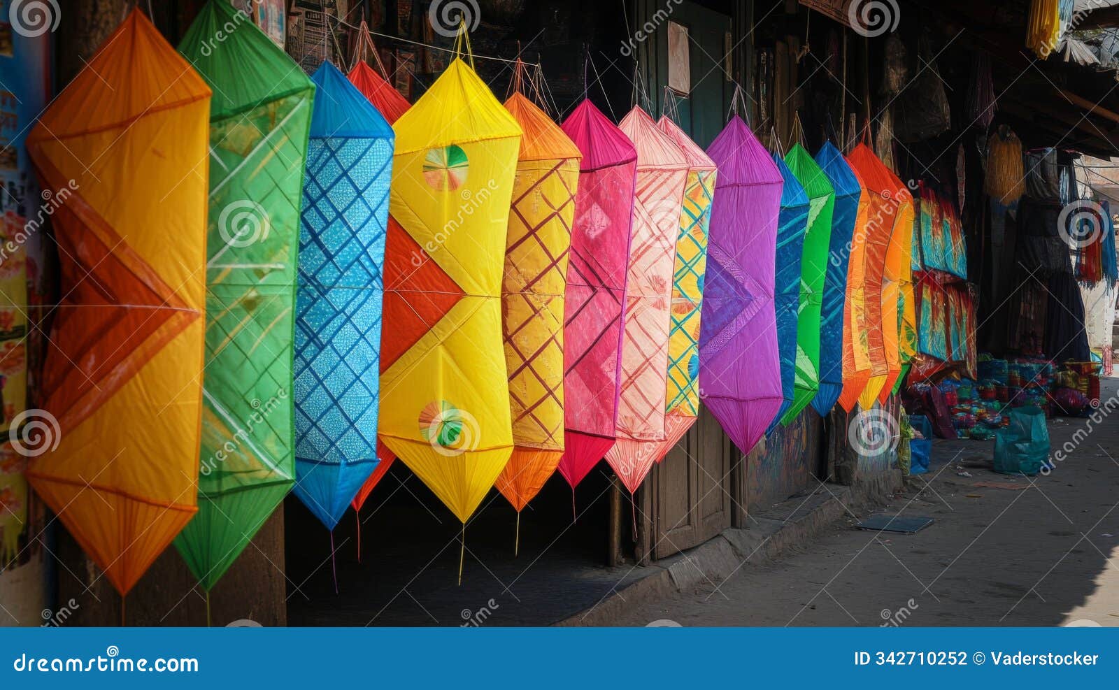 Colorful Kites Hanging from a Shop Front Stock Illustration ...