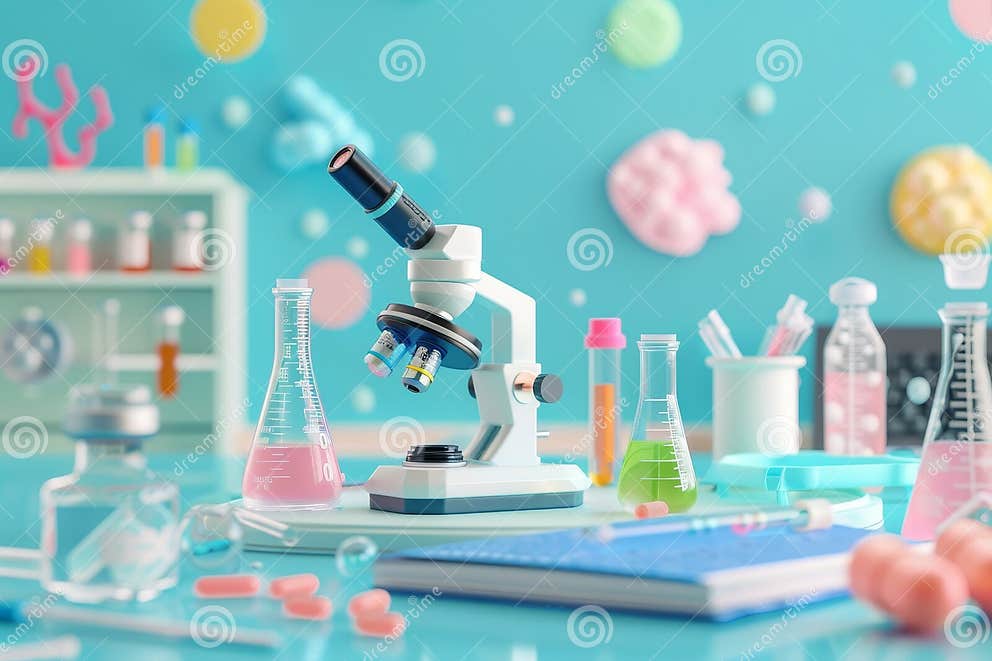 A Colorful Lab Table With Many Glass Beakers And Bottles With