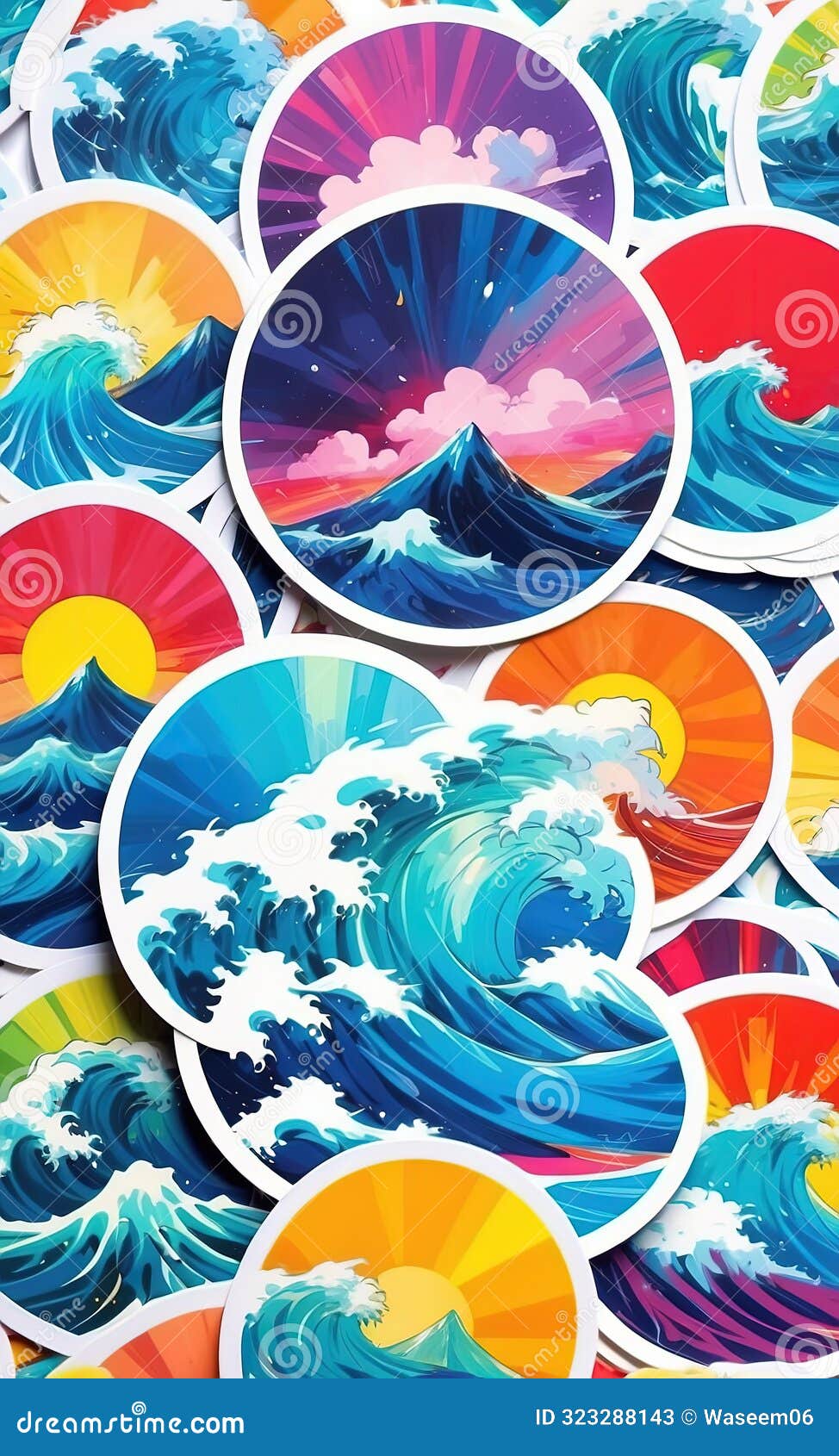 Colorful Labels with Sea Waves, Sun, Clouds and Sun Stock Illustration ...