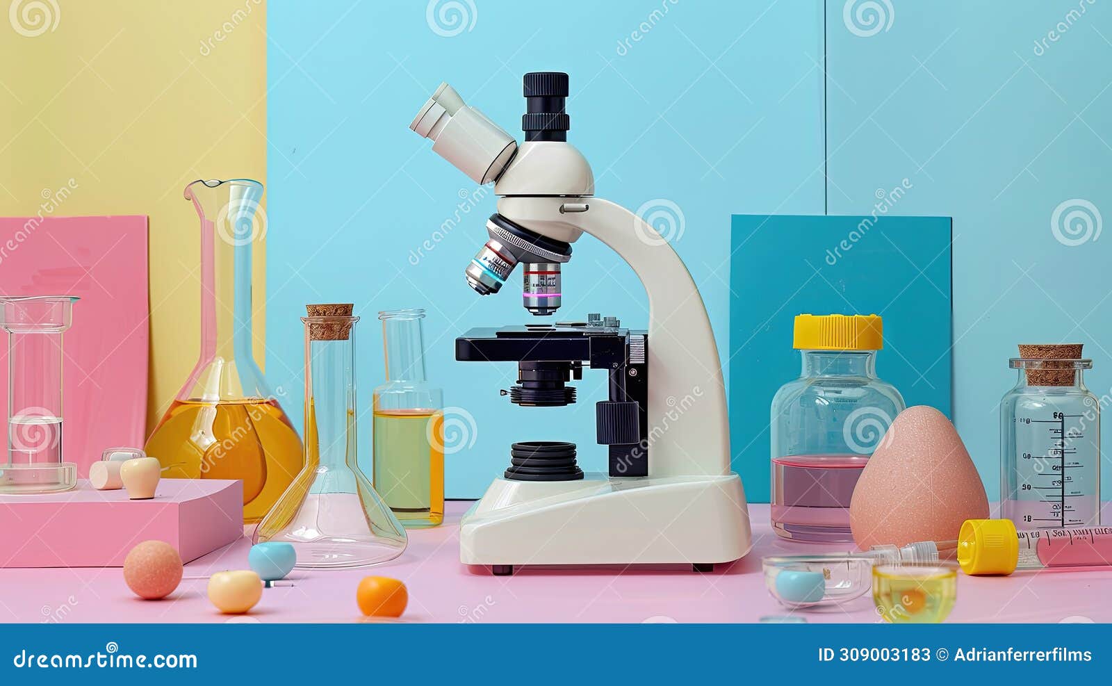 Colorful Laboratory Setup with Microscope and Playful Elements. Stock ...