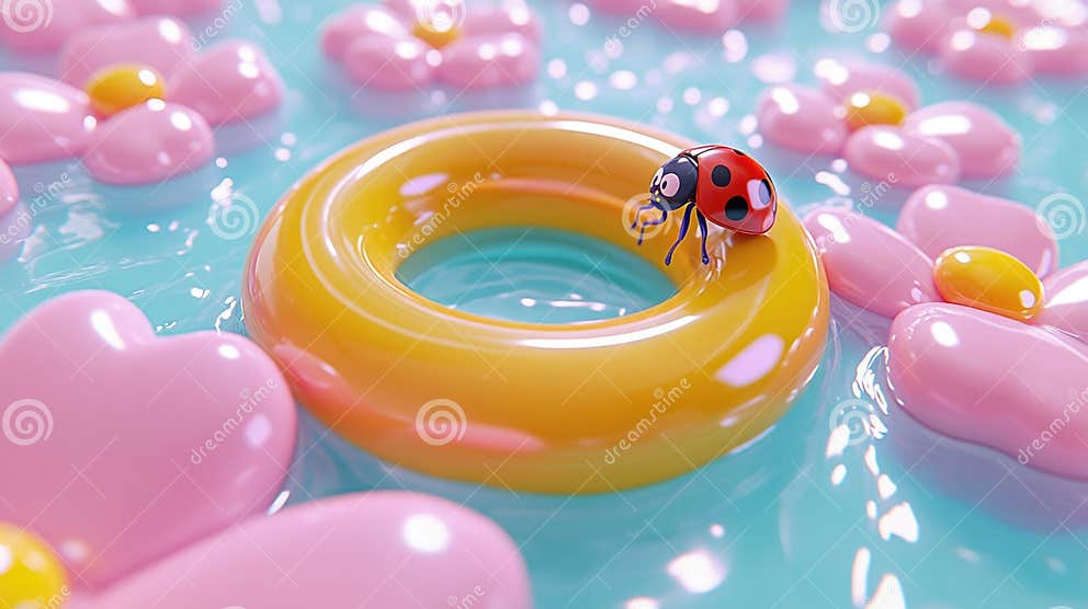 Colorful Ladybug on Floating Ring in Flowery Pool Stock Photo - Image ...