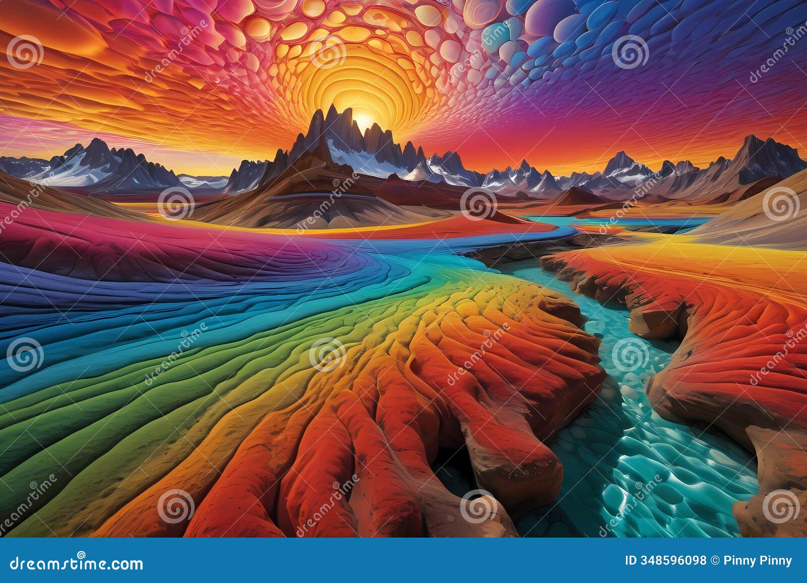 A Colorful Landscape with Mountains and a River, Bright and Bold Colors ...