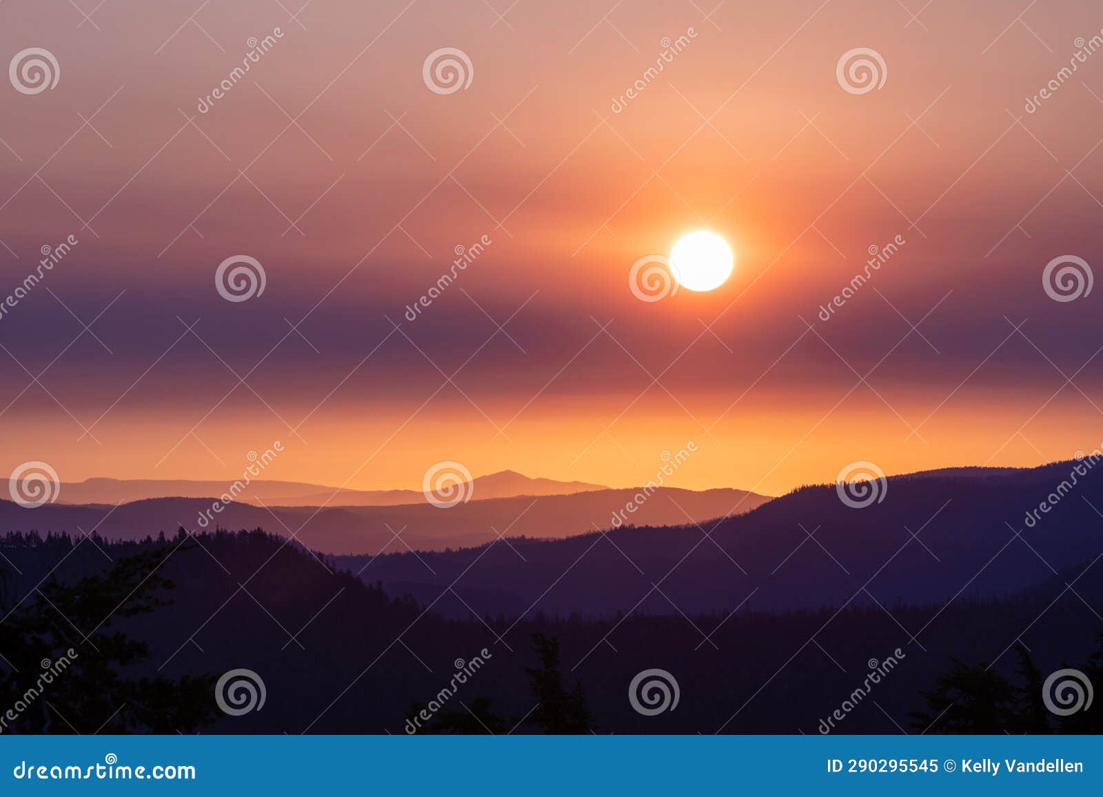 Colorful Layers of Clouds and Forest Below Dimmed Sun in the Clouds ...