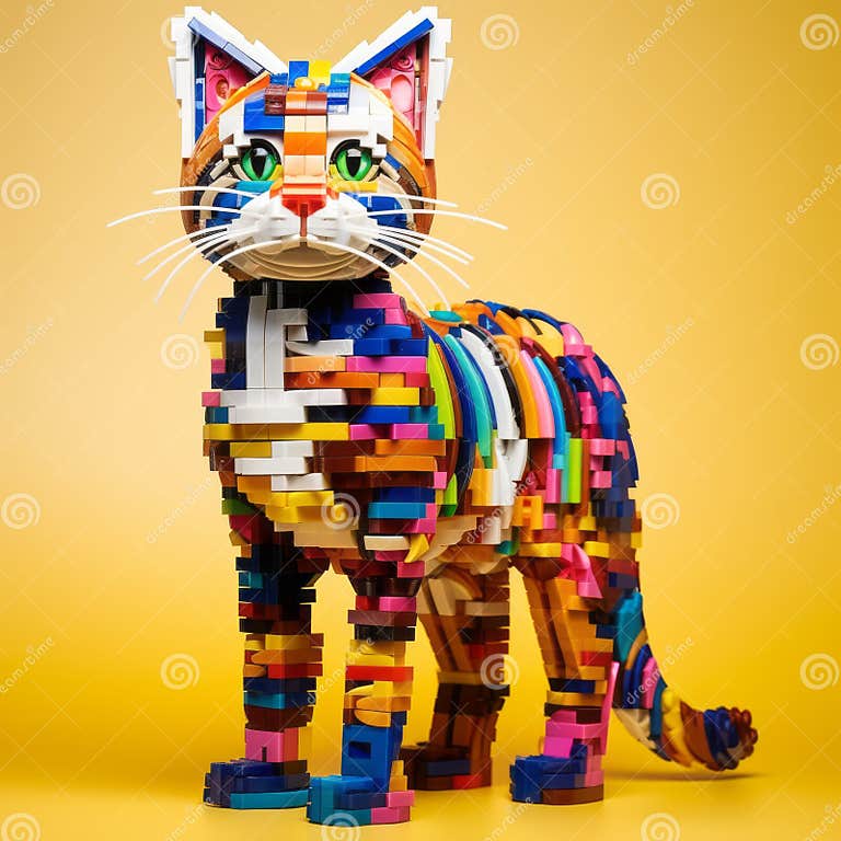 Colorful Lego Cat Sculpture On Yellow Background Stock Illustration Illustration Of