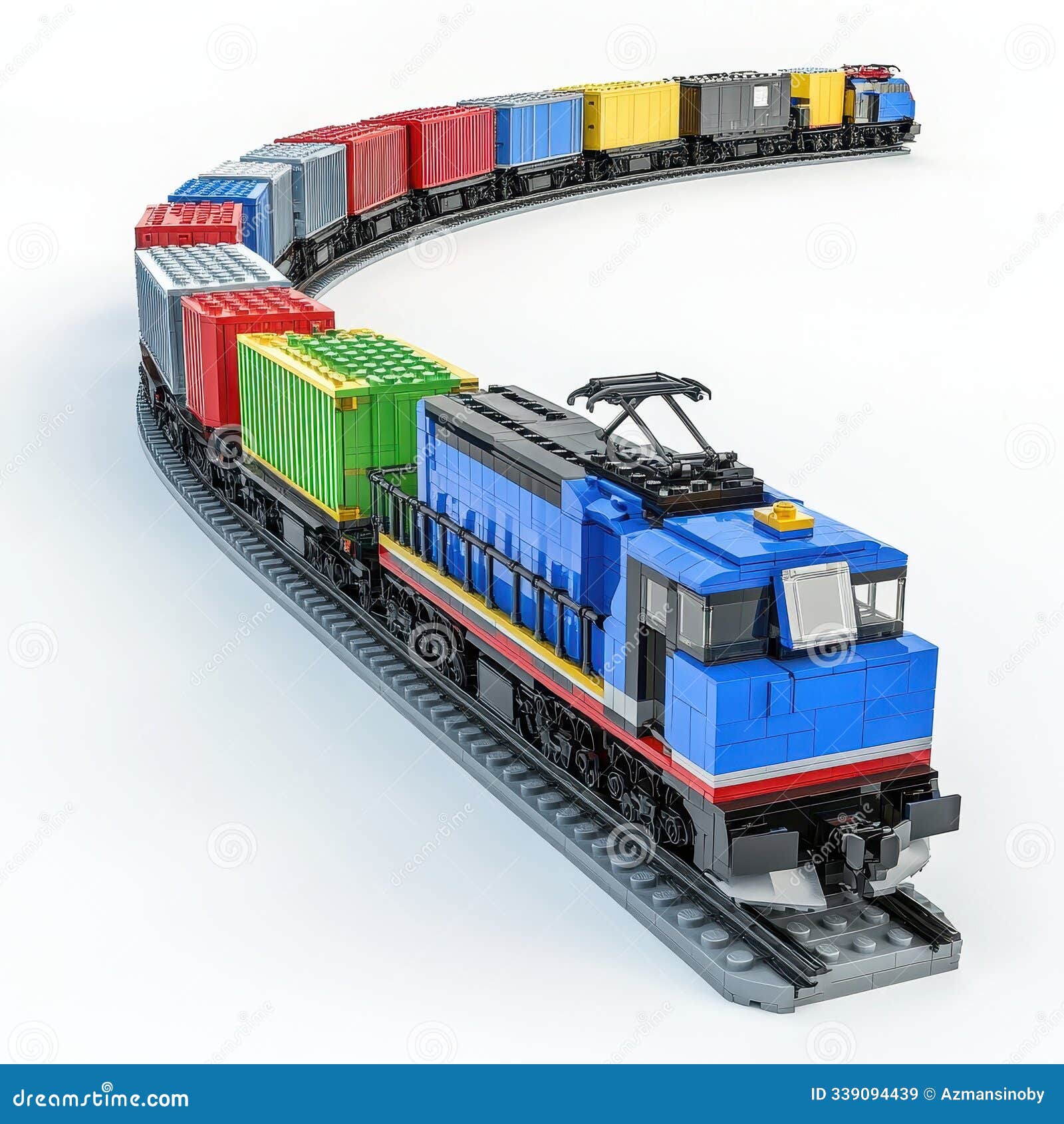 A Colorful LEGO Train with Cargo Containers on a Curved Track Stock ...