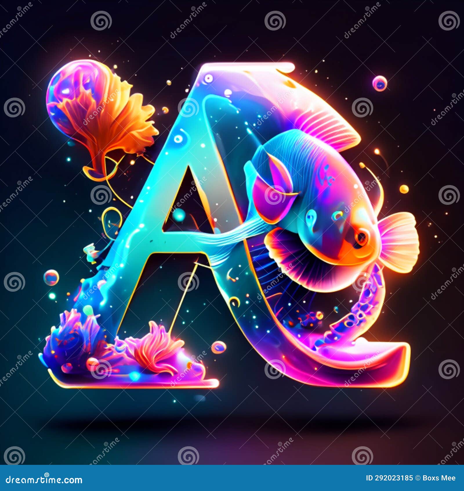 Colorful Letter a with Fish and Algae on Dark Background. Vector ...