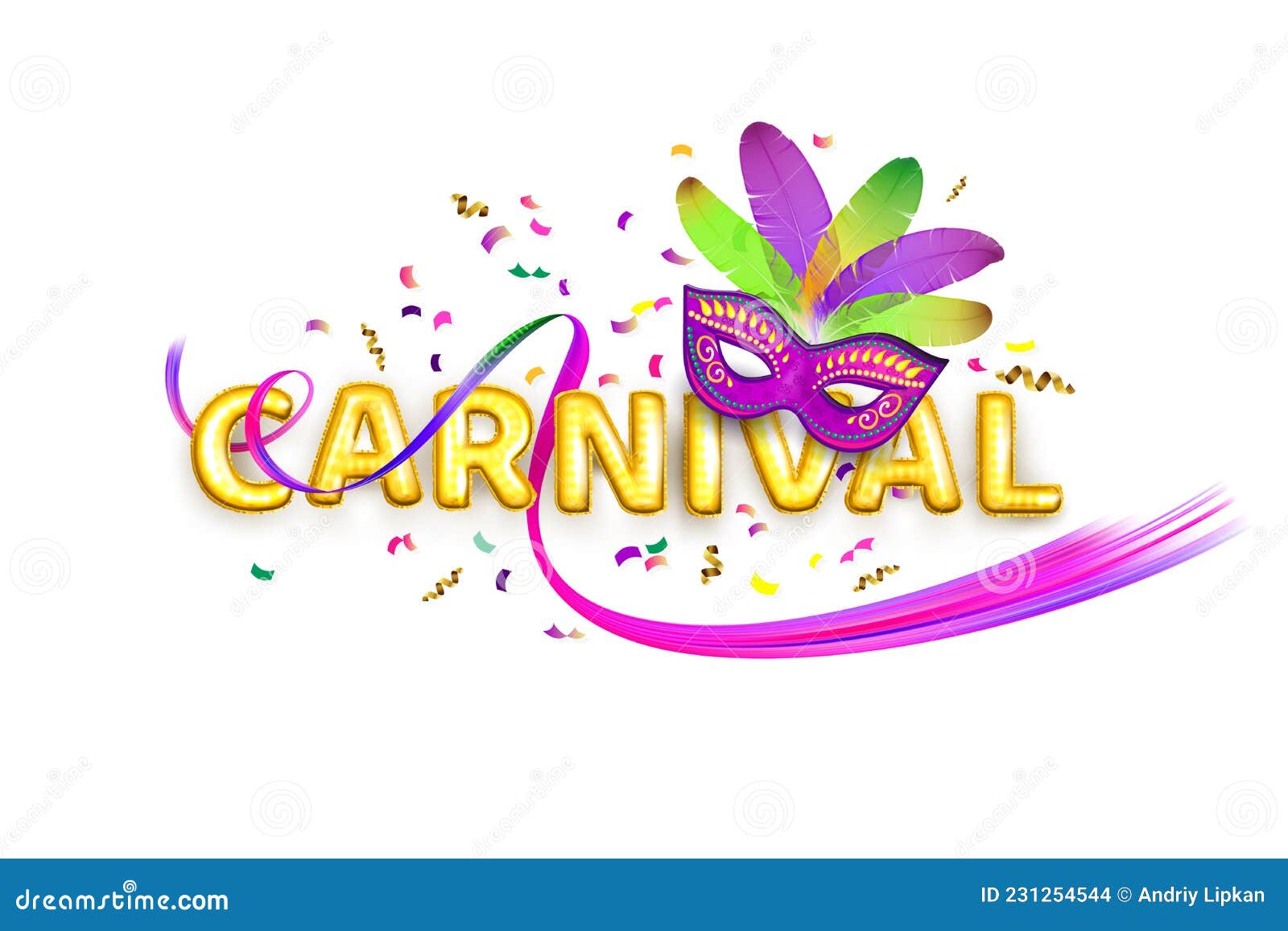 Colorful Lettering of Carnival with Party Elements Decorated on White ...