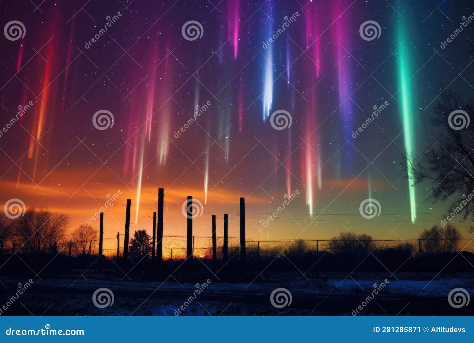 Colorful Light Pillars Piercing the Night Sky Stock Illustration ...
