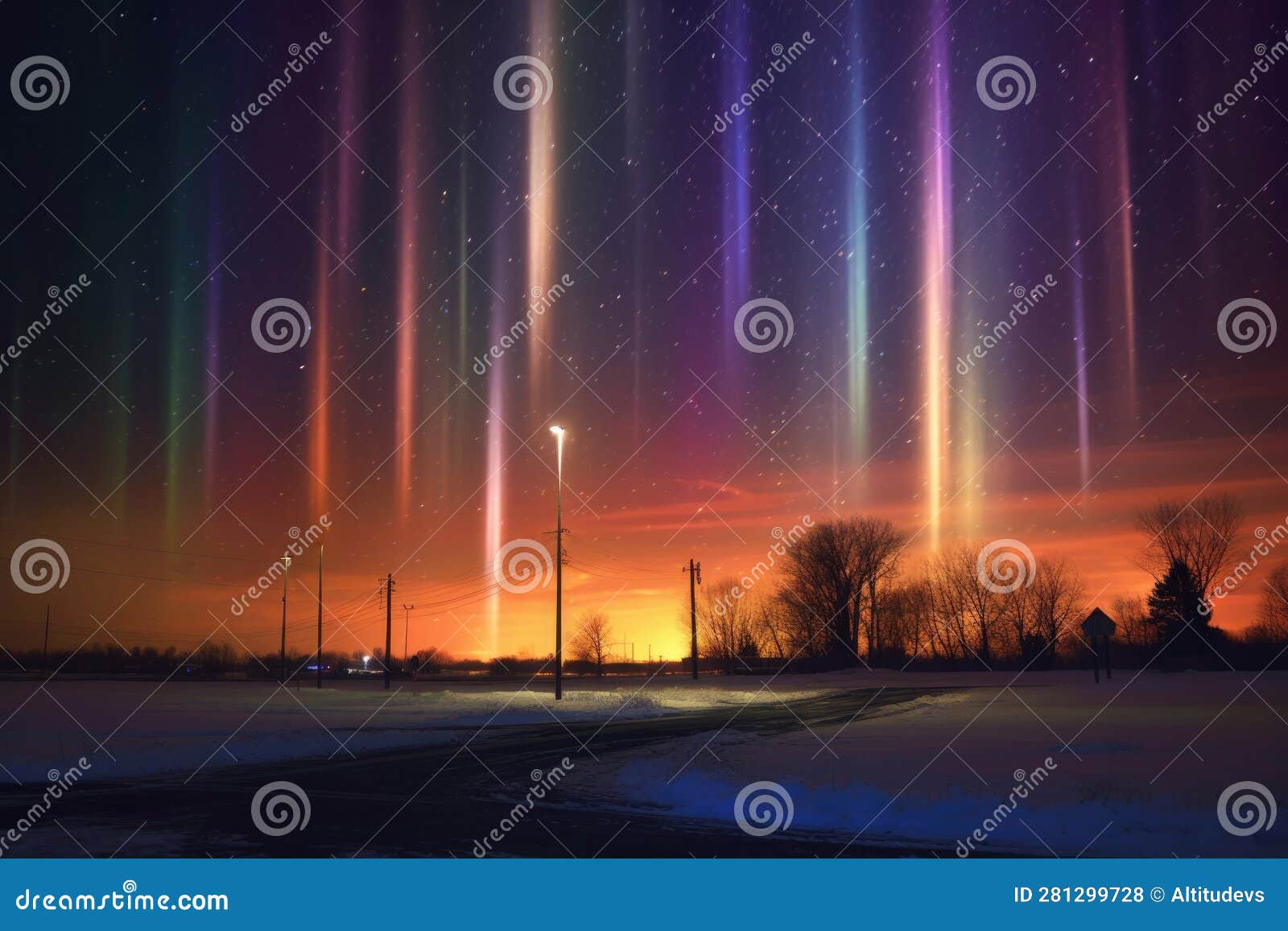 Colorful Light Pillars Piercing the Night Sky Stock Illustration ...