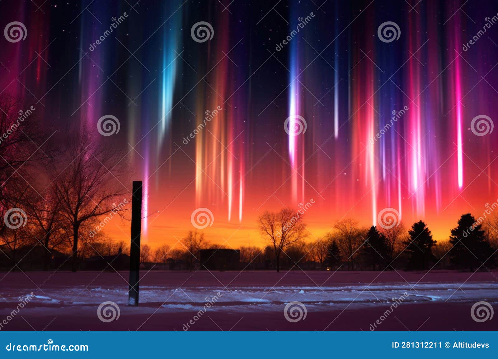 Colorful Light Pillars Piercing the Night Sky Stock Illustration ...