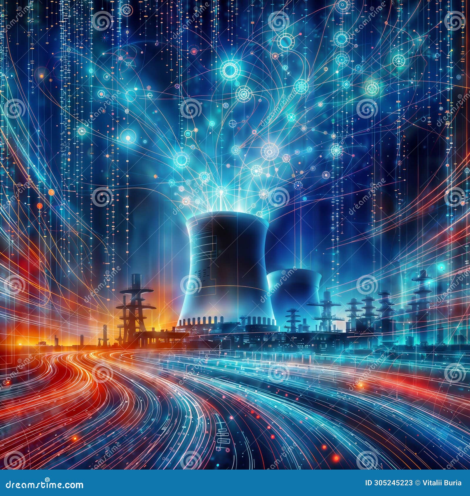 Colorful Light Trails Surround a Nuclear Power Plant with Binary Code ...