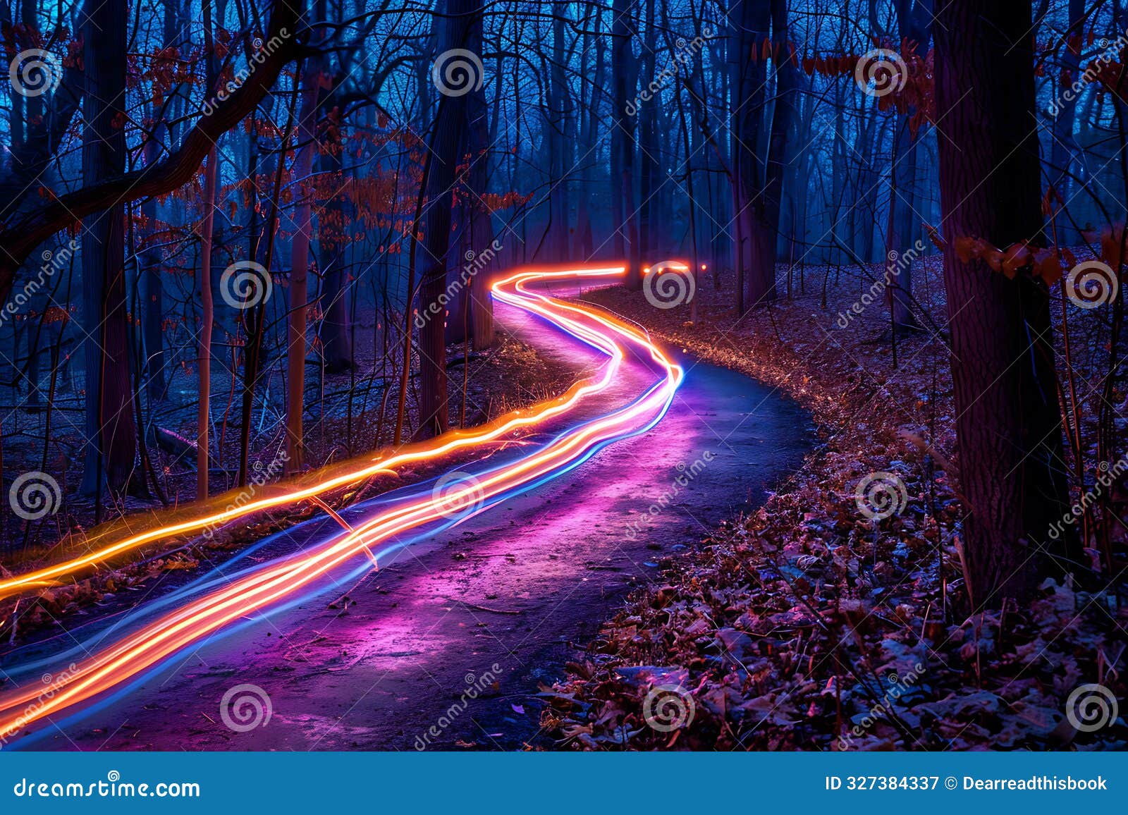 Colorful Light Trails Winding through a Dark Forest Path at Night ...