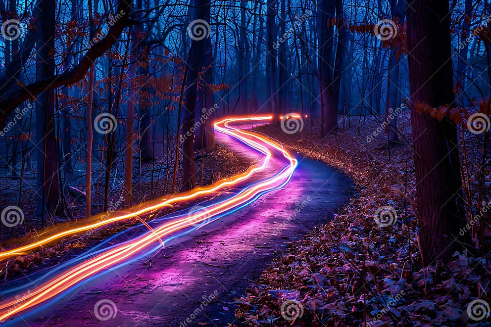 Colorful Light Trails Winding through a Dark Forest Path at Night ...