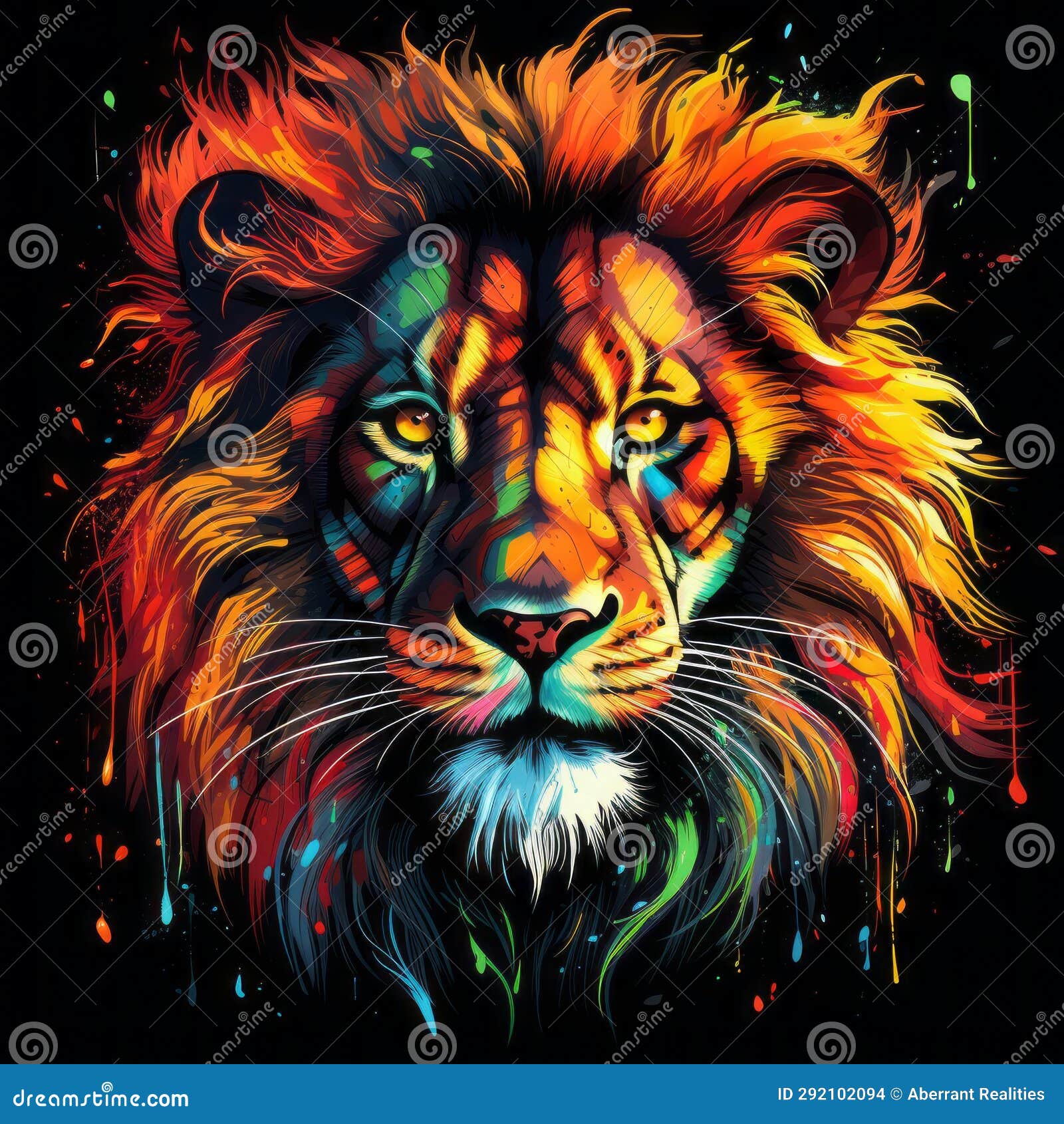 Colorful Lion Head on Black Background Stock Illustration ...