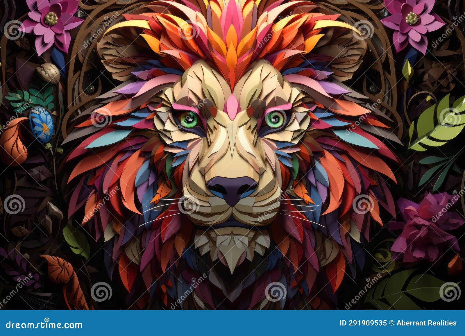 A Colorful Lion Head Surrounded by Flowers and Leaves Stock ...