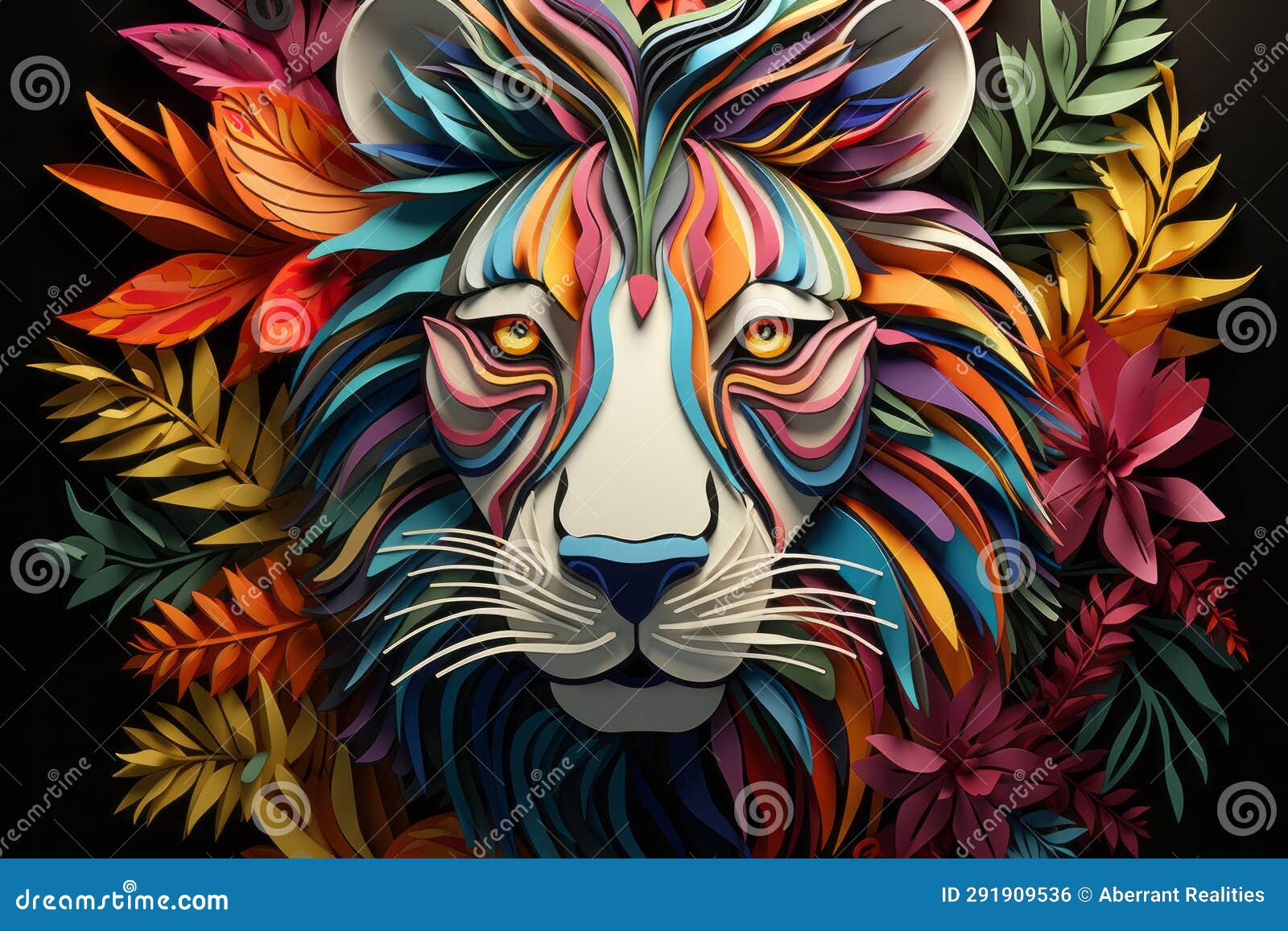 A Colorful Lion Head Surrounded by Colorful Leaves Stock Illustration ...