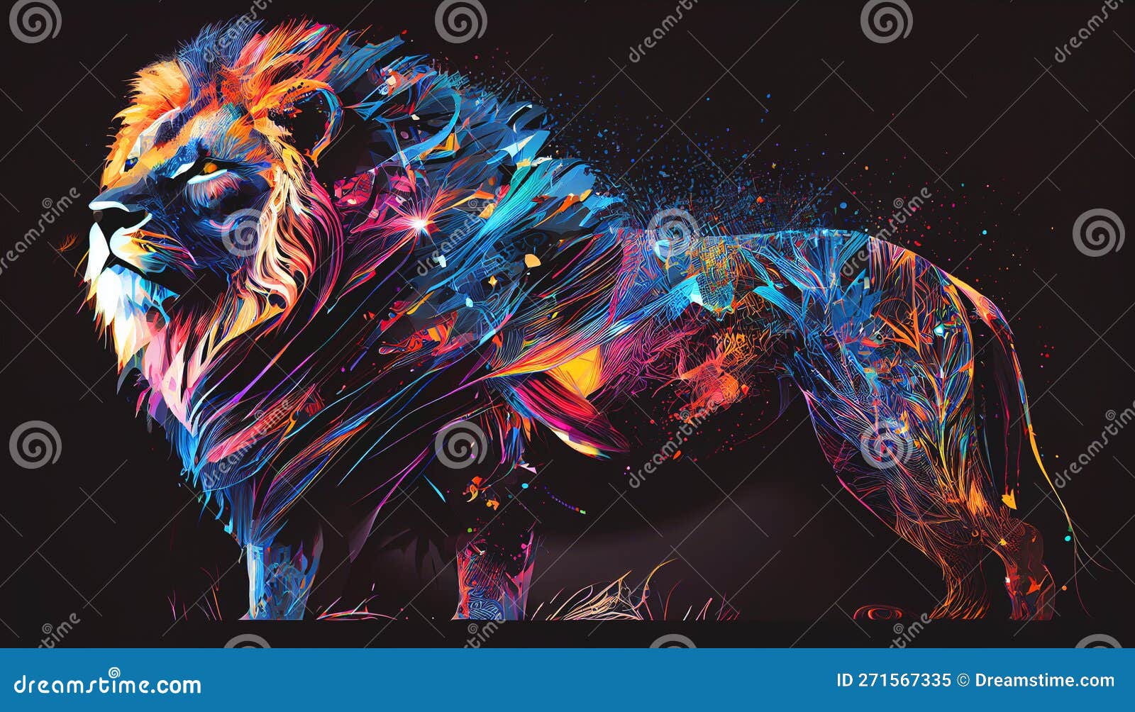 Colorful A Lion Head On Black Background. Wild Animals. Mammals. Stock ...