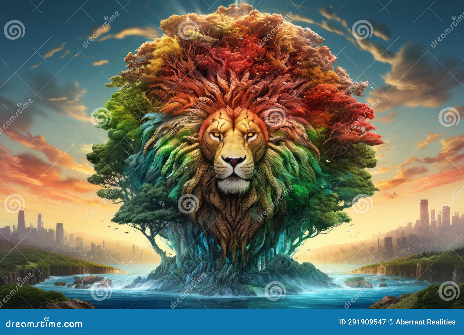 A Colorful Lion is Standing on Top of a Tree in Front of a River Stock ...