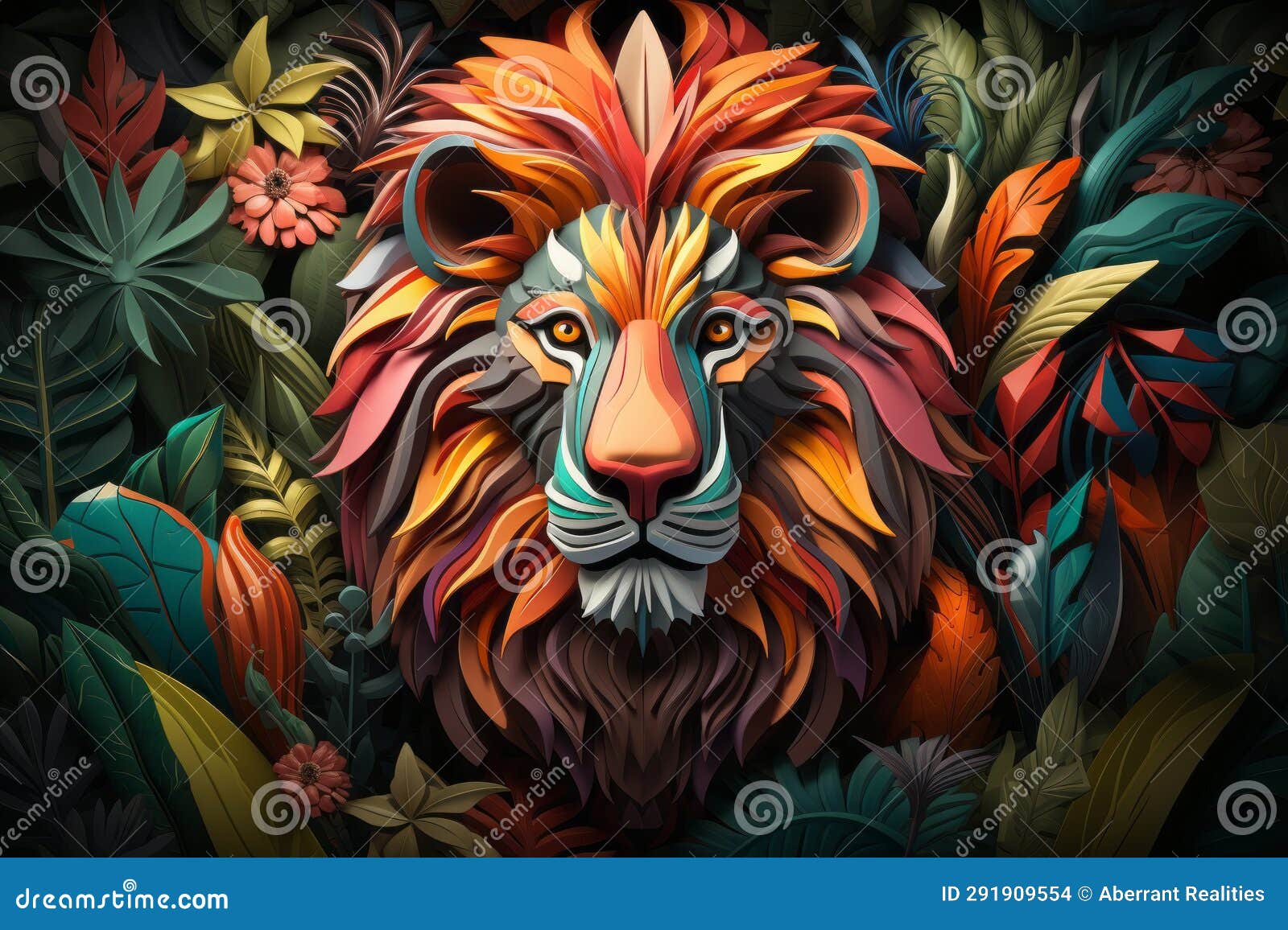 A Colorful Lion Surrounded by Plants and Leaves Stock Illustration ...