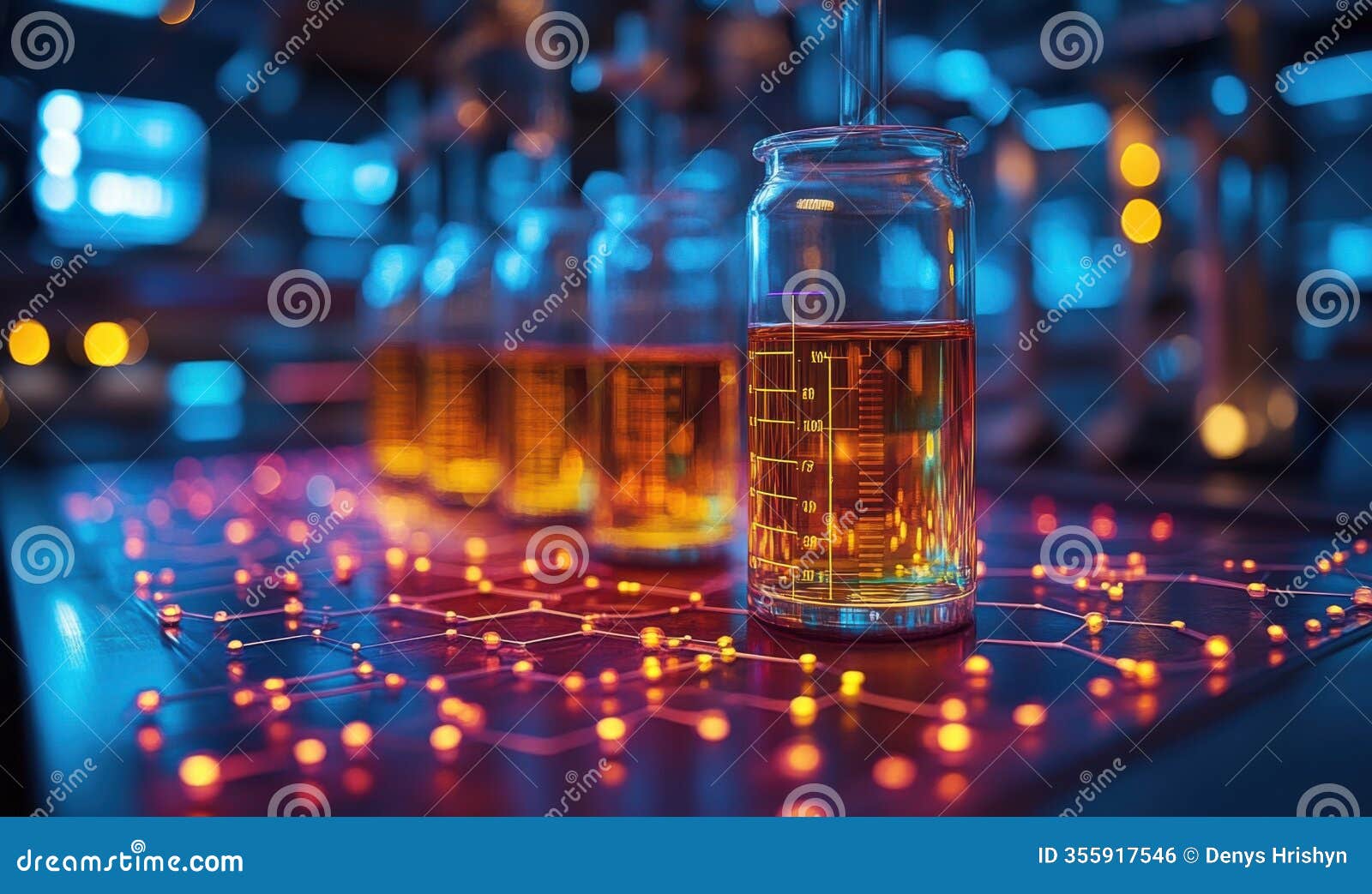 Colorful Liquid in Laboratory Glassware with Glowing Circuit Design ...