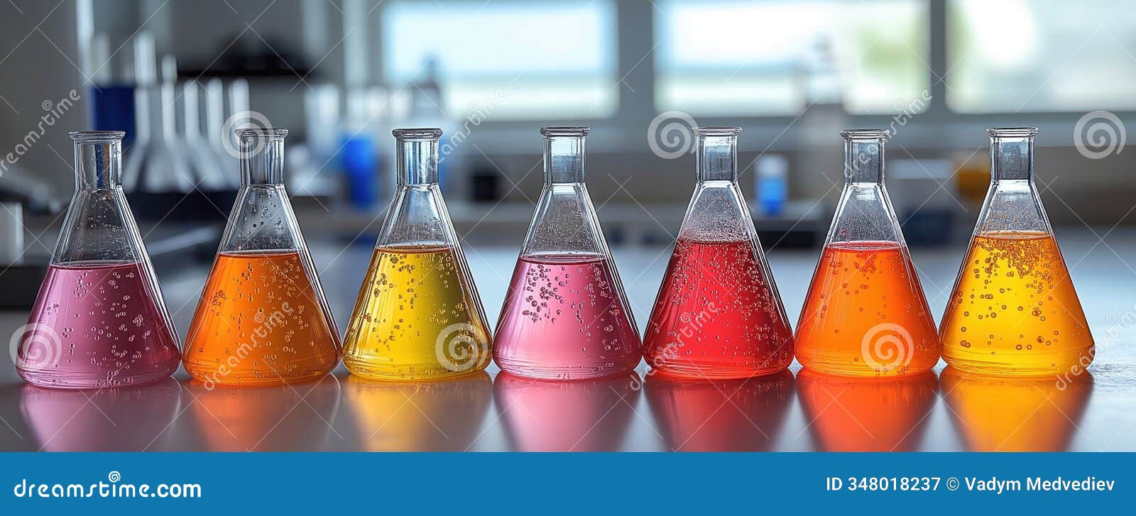 Colorful Liquids in Beakers Show PH Indicator Reaction in Lab ...