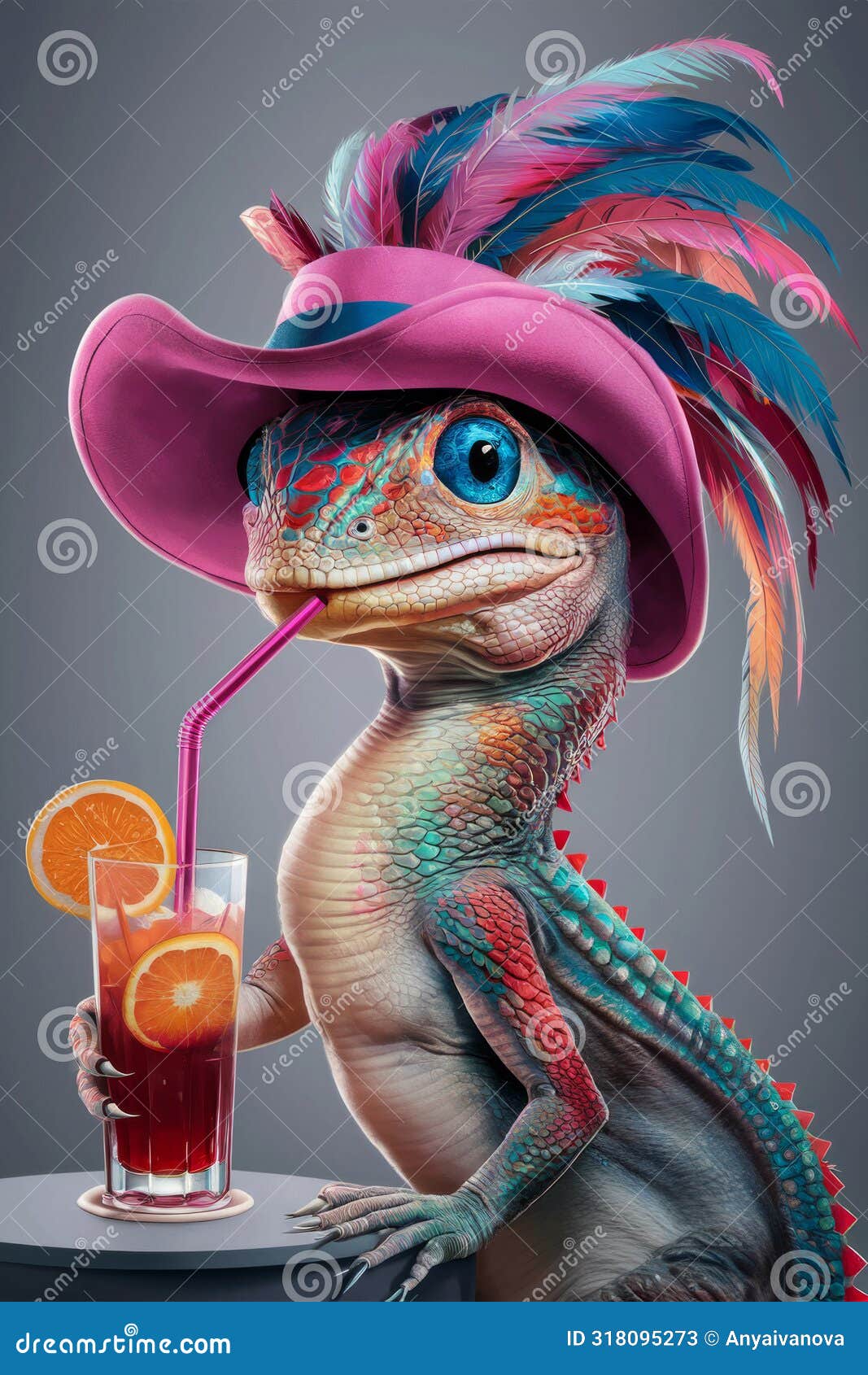 Colorful Lizard in Pink Hat Drinking Cocktail with Straw and Lemon ...
