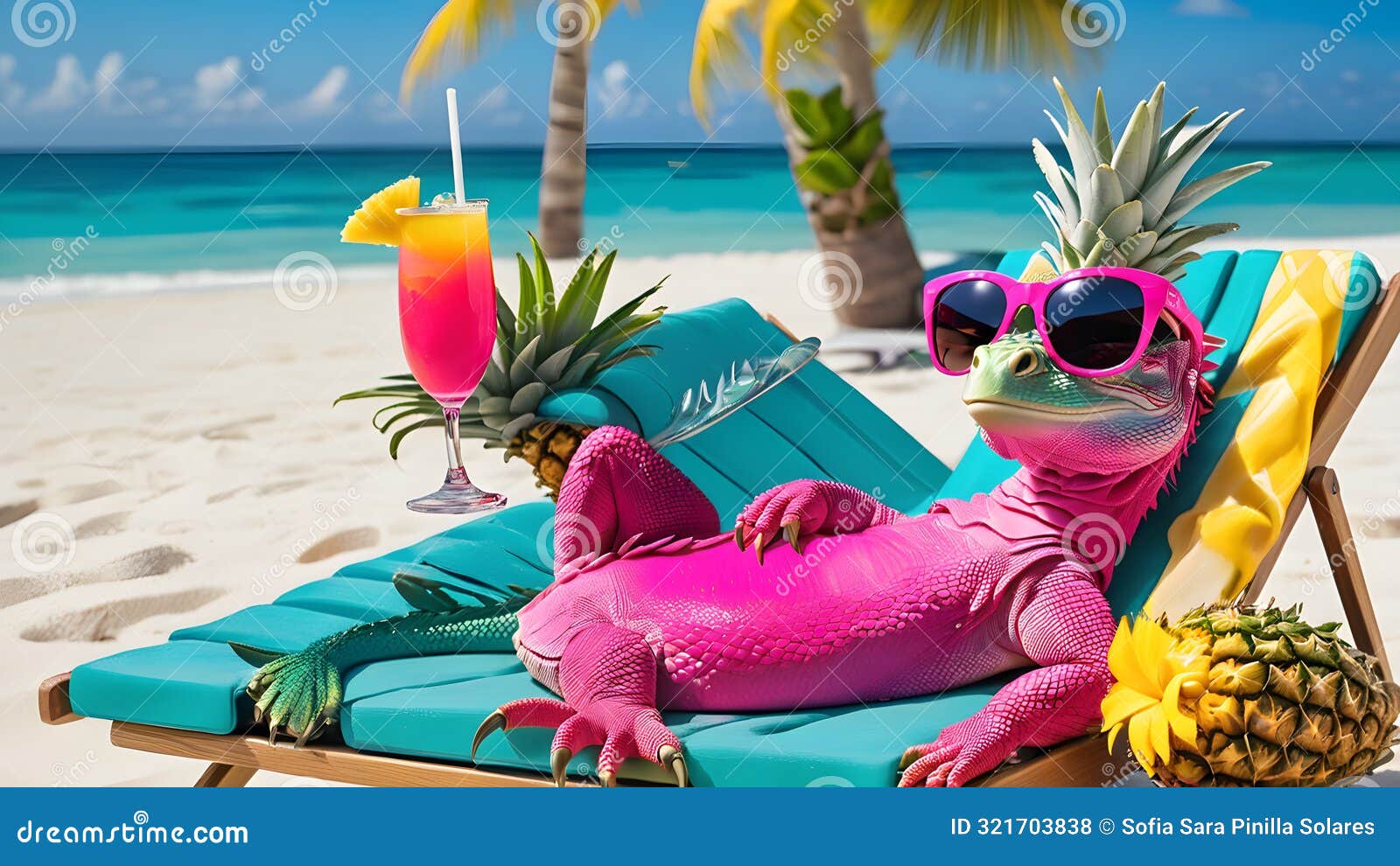 Colorful Lizard Sunbathing On The Beach While Drinking A Pineapple Or ...