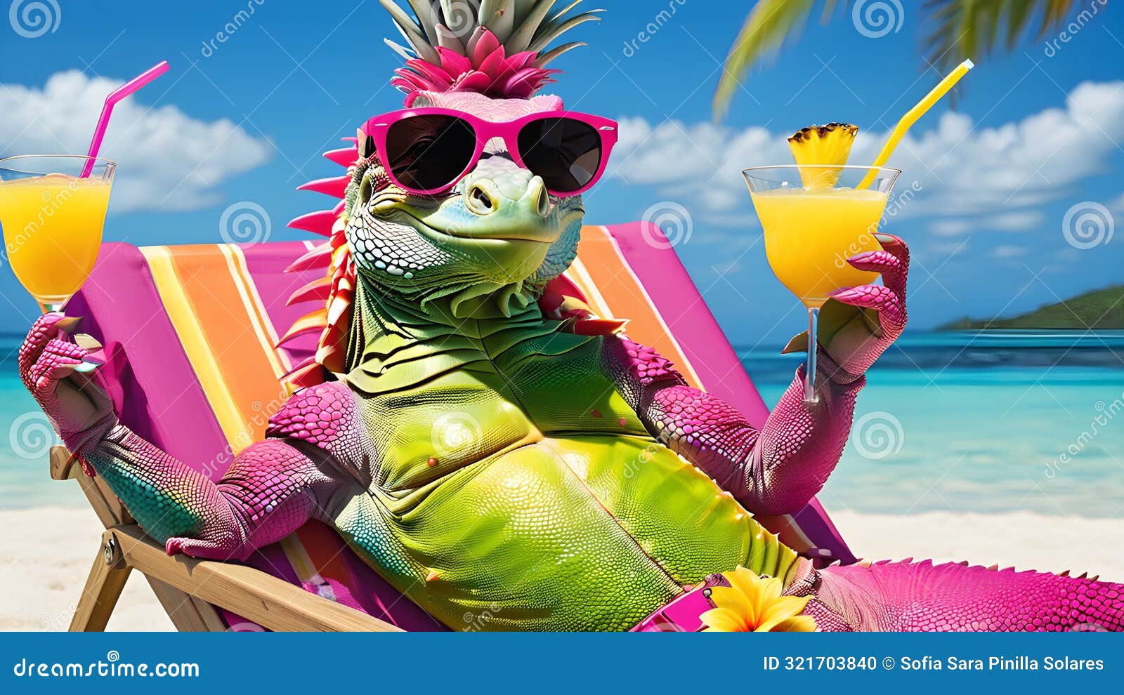 Colorful Lizard Sunbathing on the Beach while Drinking a Pineapple or ...