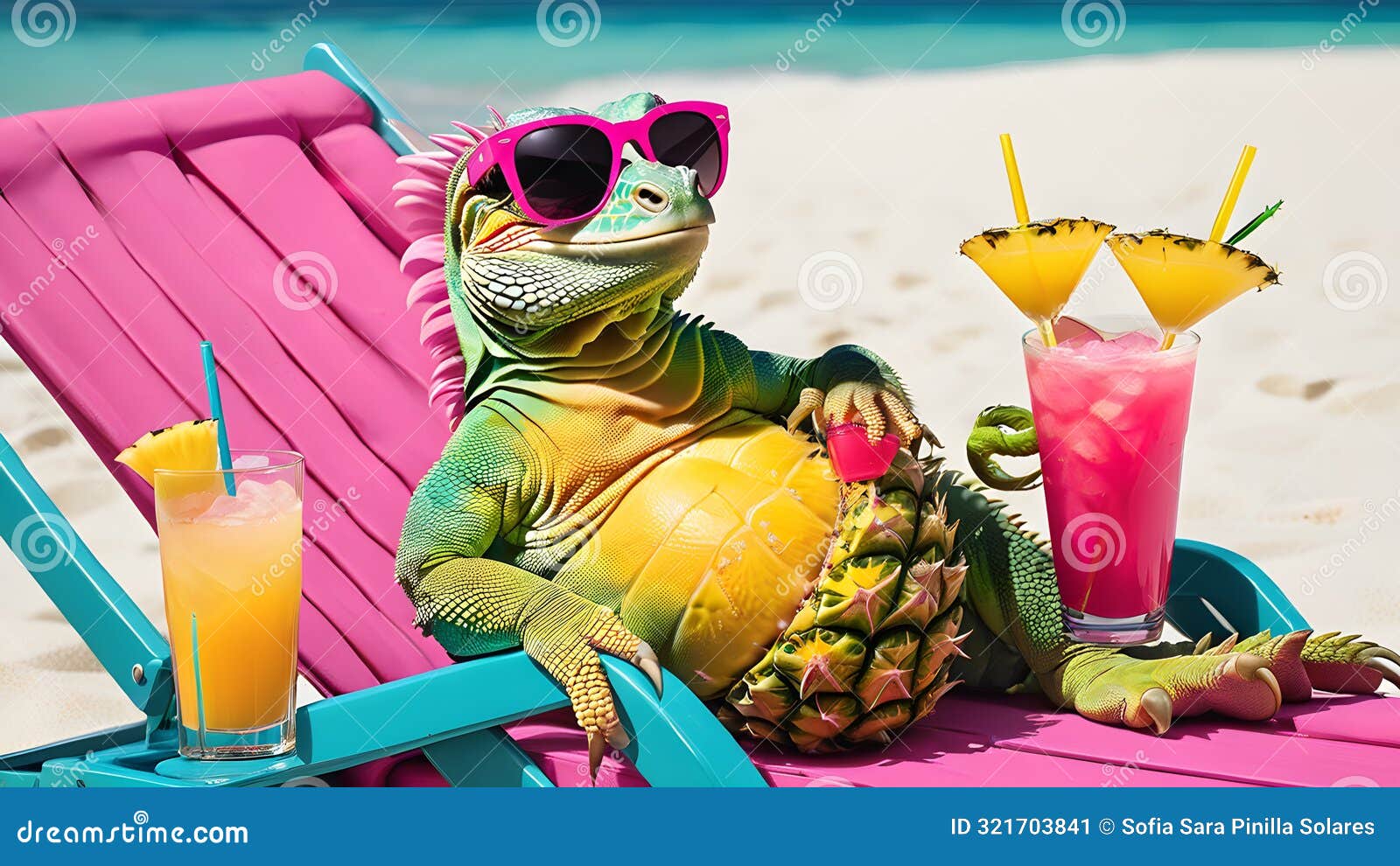 Colorful Lizard Sunbathing on the Beach while Drinking a Pineapple or ...