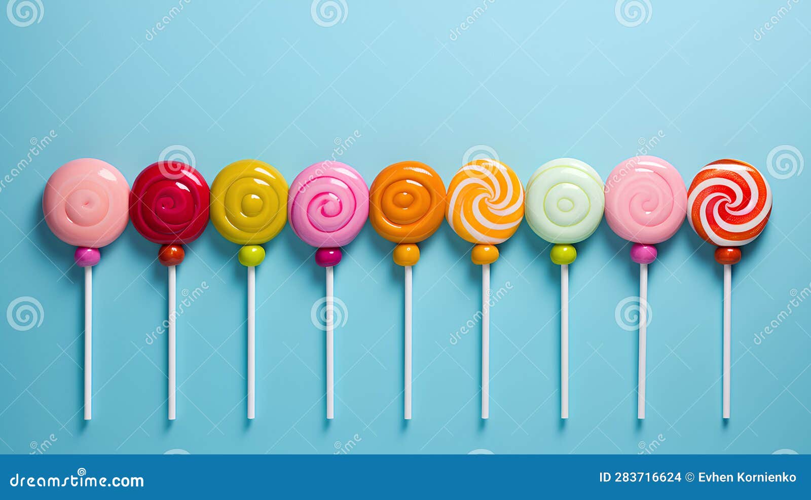 Colorful Lollipops on Blue Background. Flat Lay Top View Stock ...
