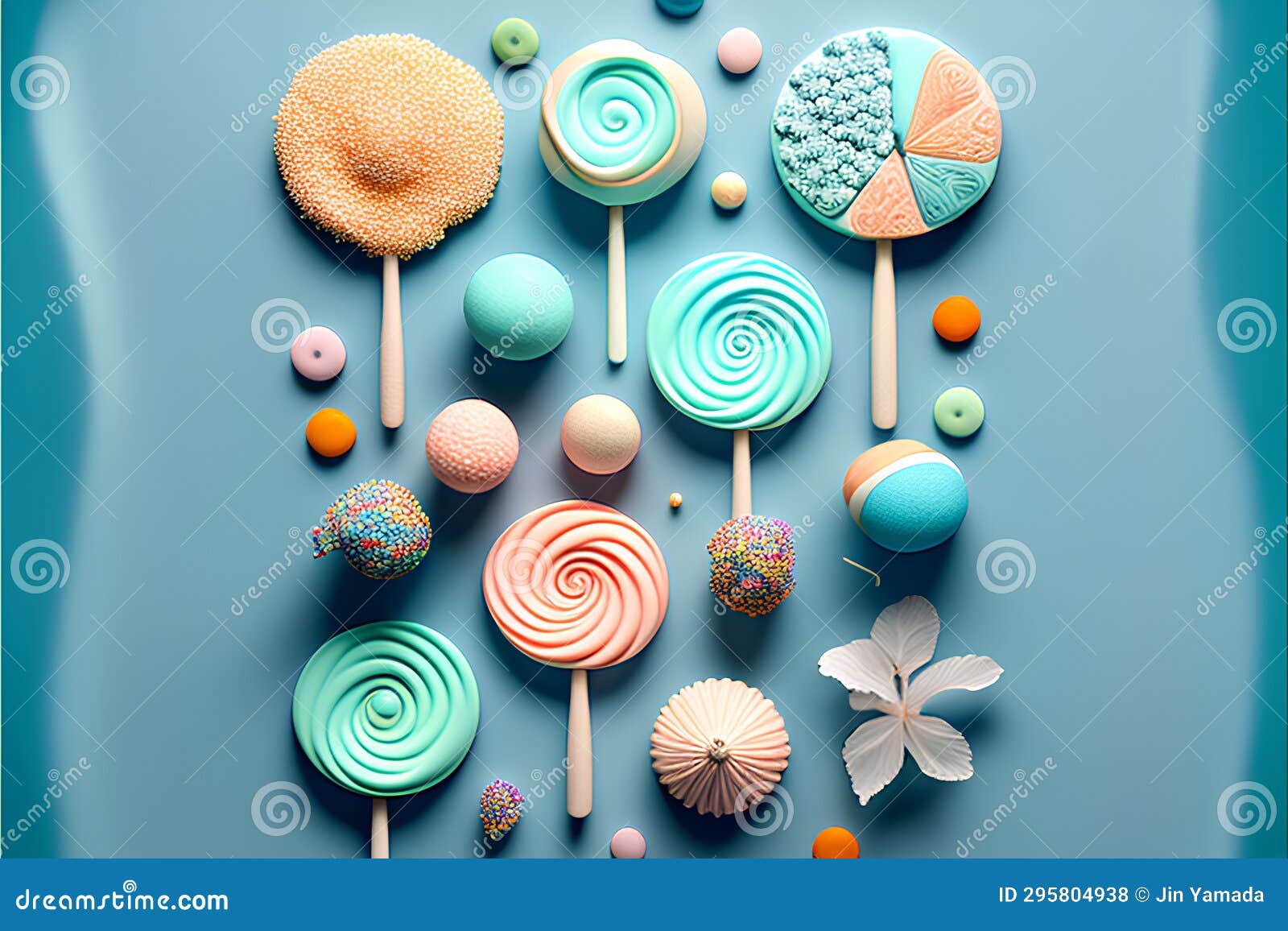Colorful Lollipops and Different Candies on Blue Background Stock ...