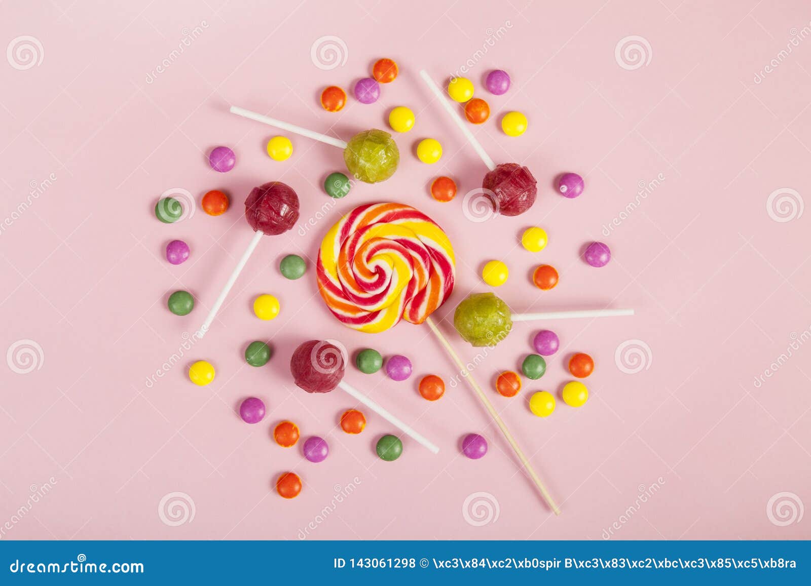 Colorful Lollipops and Different Colored Round Candy. Top View. Stock ...