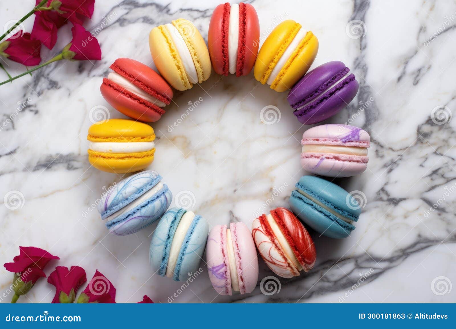 Colorful Macarons Arranged in a Circle on a White Marble Table Stock ...