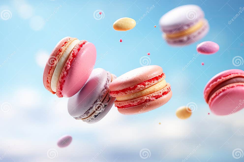 Colorful Macarons Floating on a Vibrant Blue Sky Background with Flying ... Colorful Macarons Floating on a Vibrant Blue Sky Background with Flying ...
