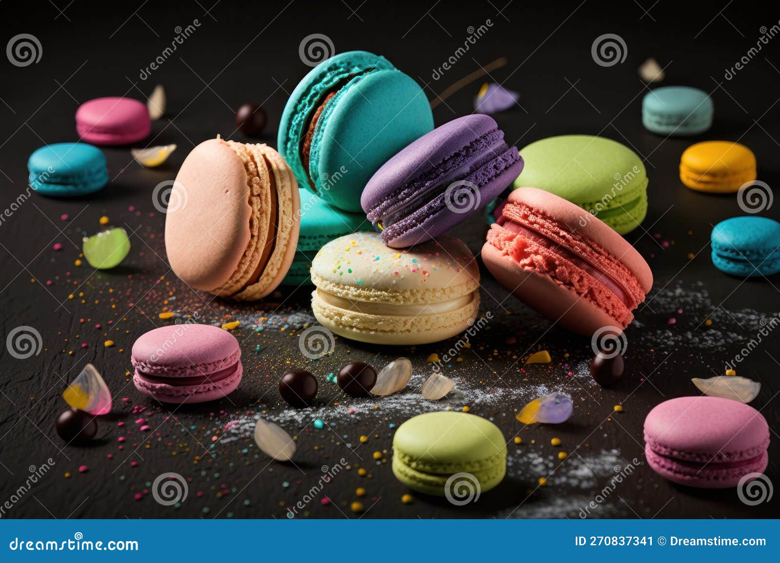 Colorful Macarons. Stack of French Cookie Macaroons on Dark Background ...