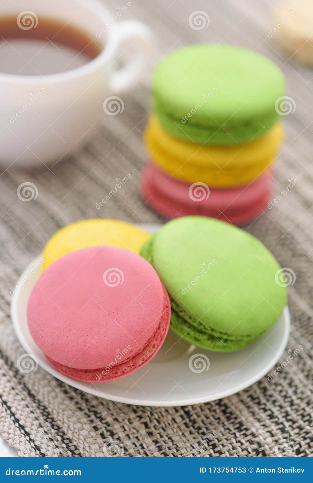 Colorful Macarons on White Plate and Cup of Tea Stock Image - Image of ...